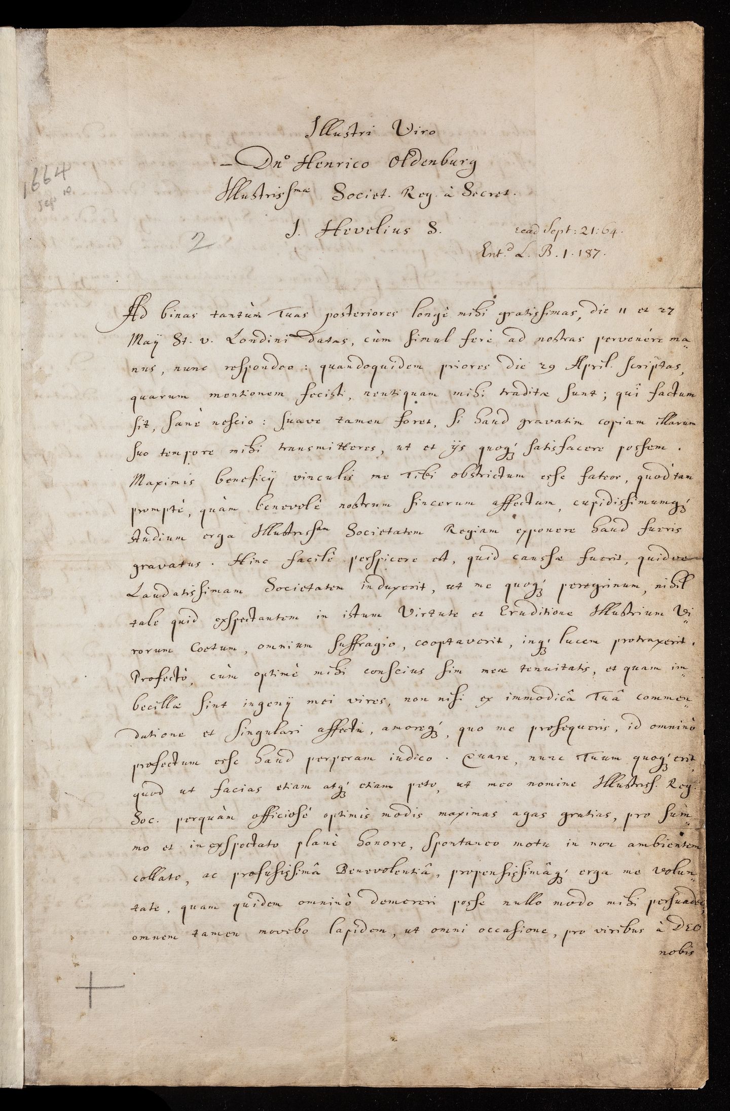 Letter, from Johannes Hevelius to Henry Oldenburg, dated at Danzig ...