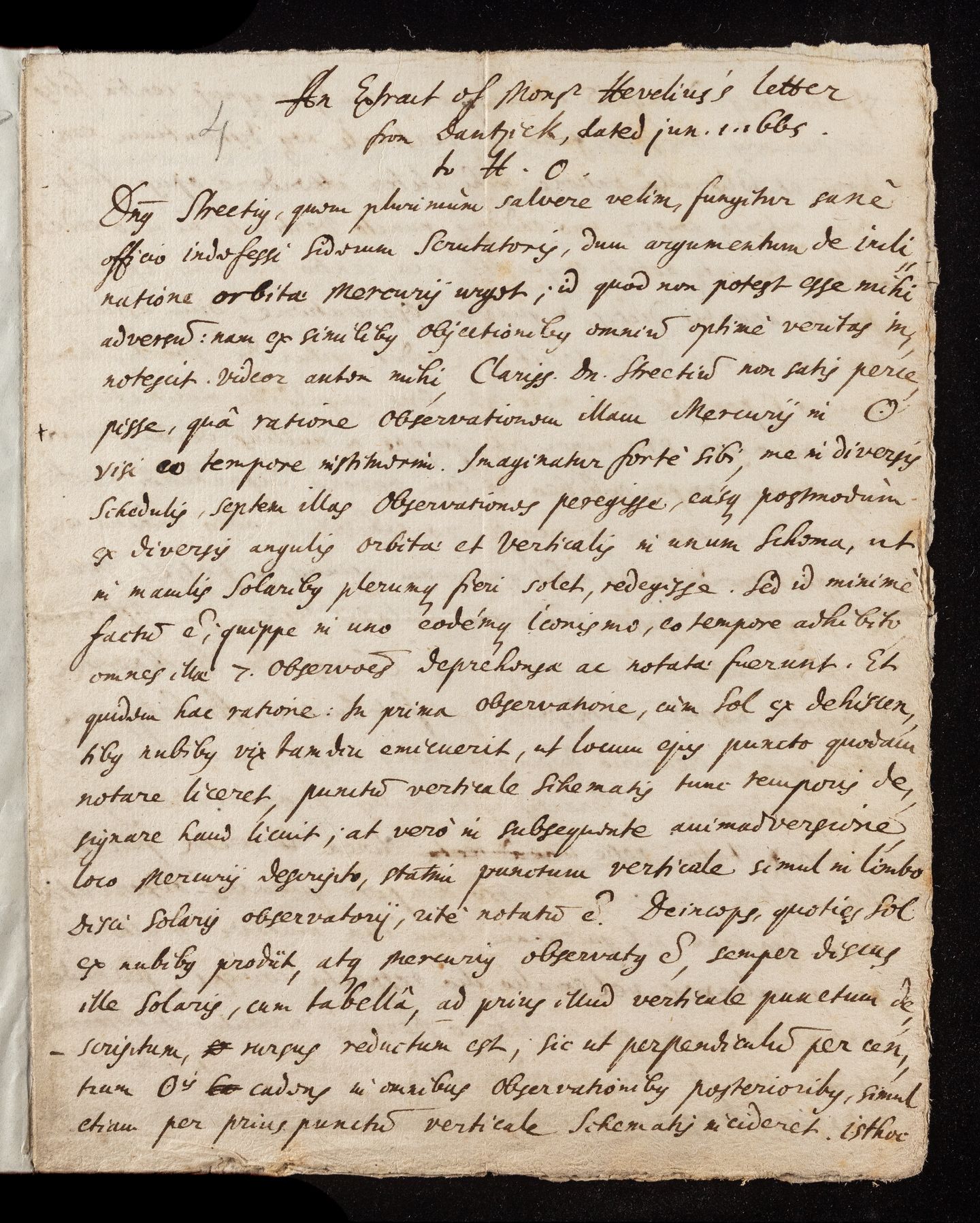 Transcribed extract of a letter, from Johannes Hevelius to Henry ...