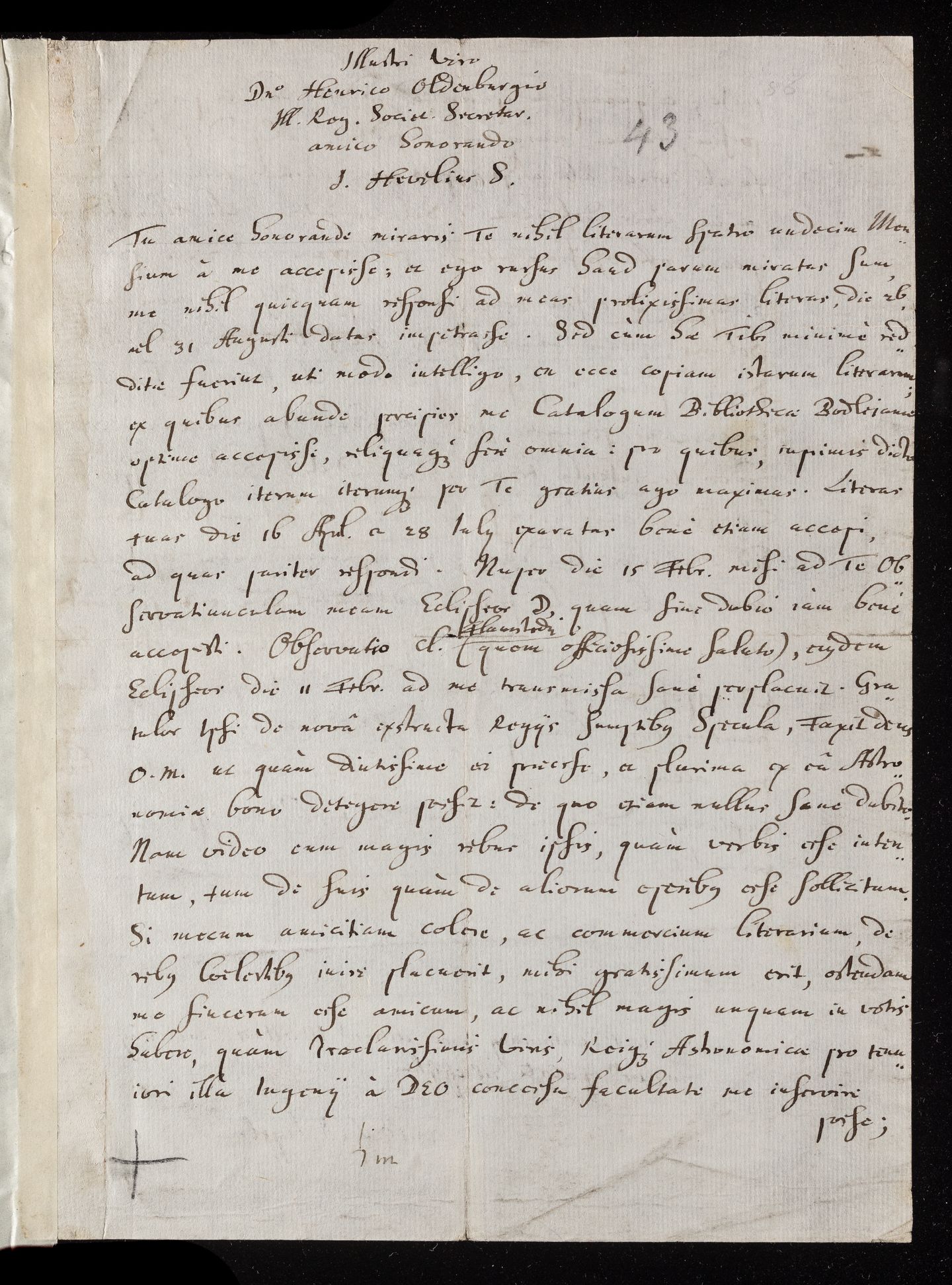 Letter, from Johannes Hevelius to Henry Oldenburg, dated at Danzig ...