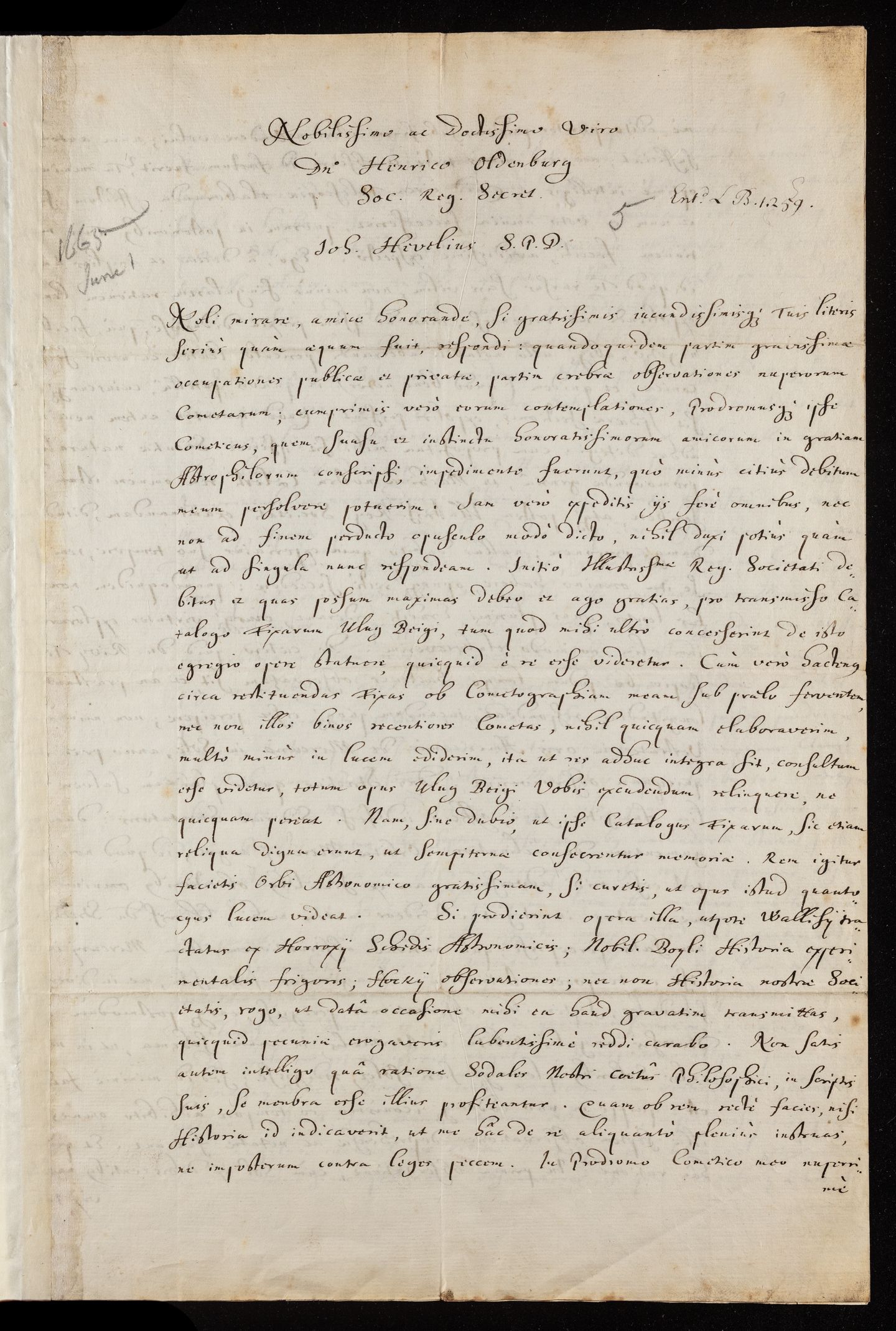 Letter, from Johannes Hevelius to Henry Oldenburg, dated at Danzig ...