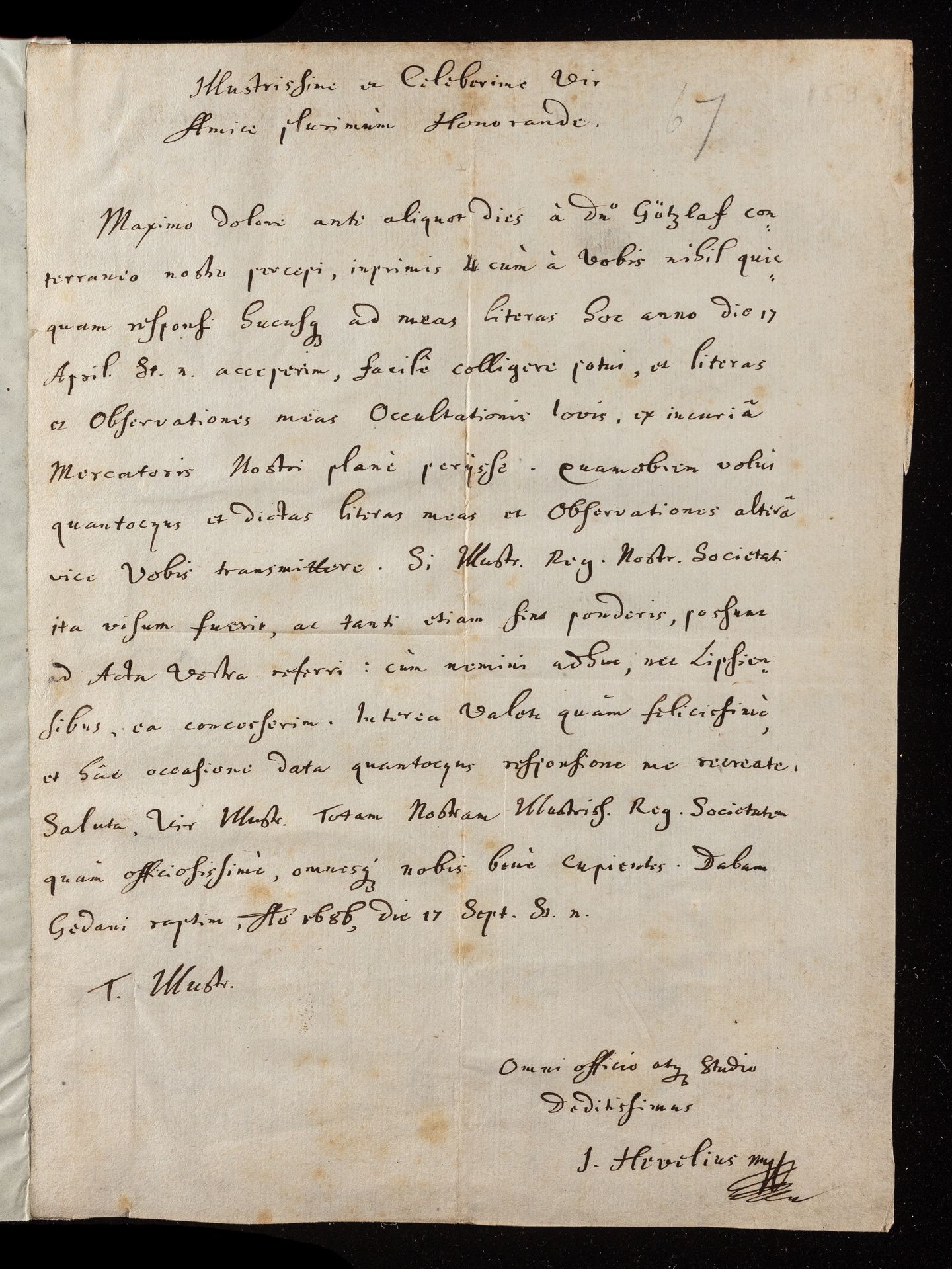 Letter, from Johannes Hevelius [to the Royal Society], dated at Danzig ...