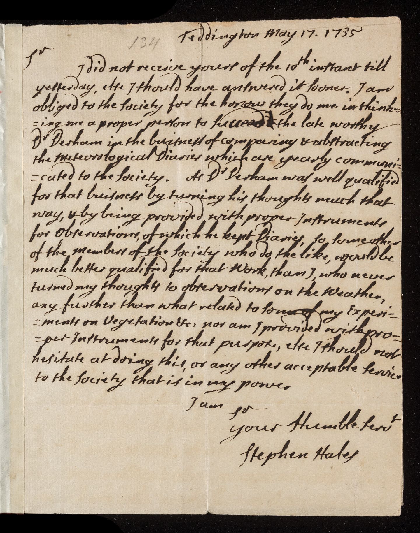 Letter, from Stephen Hales to Cromwell Mortimer, dated at Teddington ...