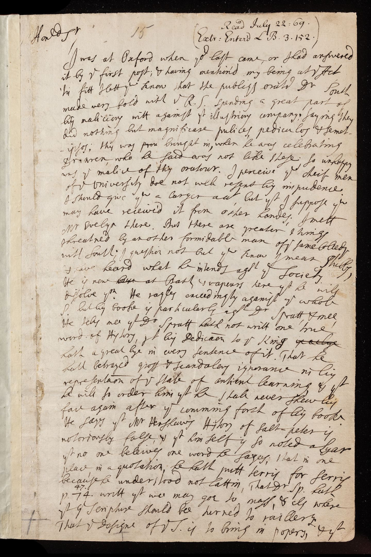 Letter, from Joseph Glanvill to Henry Oldenburg, dated at Bath | The ...