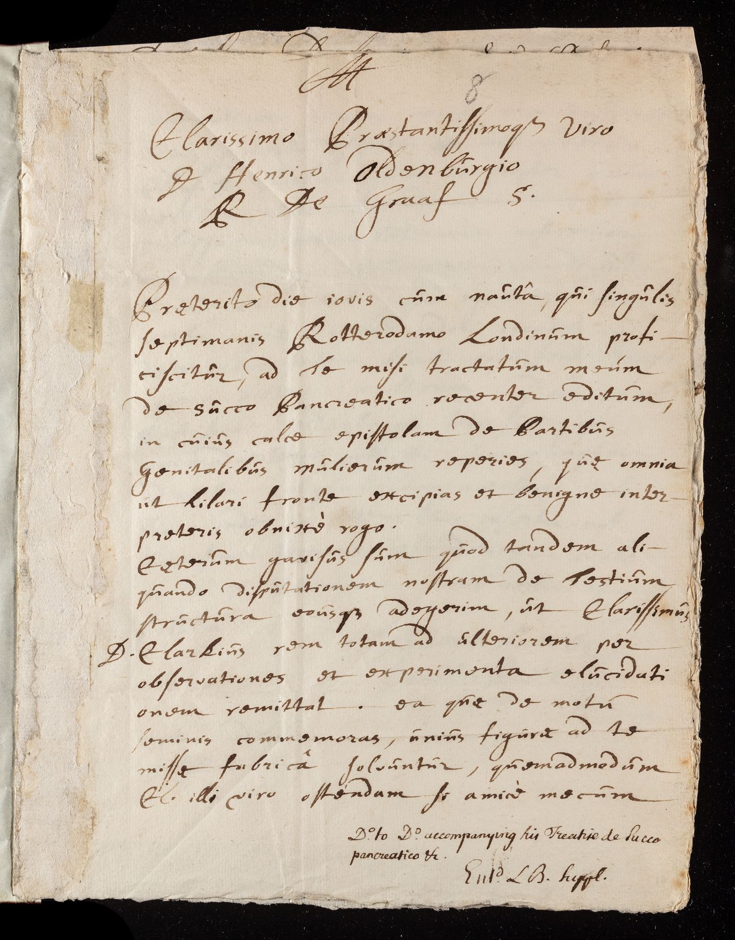 Letter, from Regnier de Graaf to Henry Oldenburg, dated at Delft | The ...