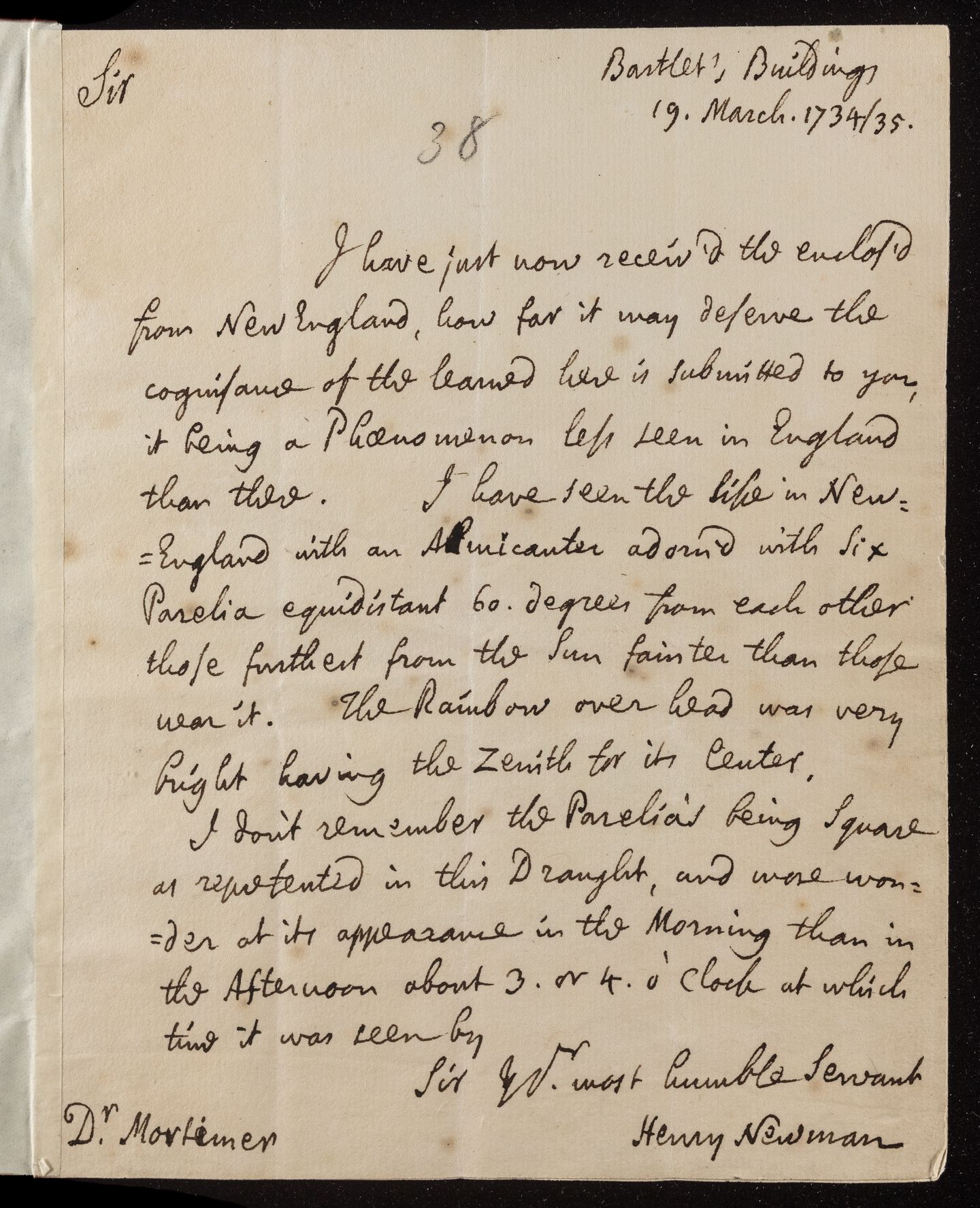 Letter, from Henry Newman to Cromwell Mortimer, dated at Bartlet ...
