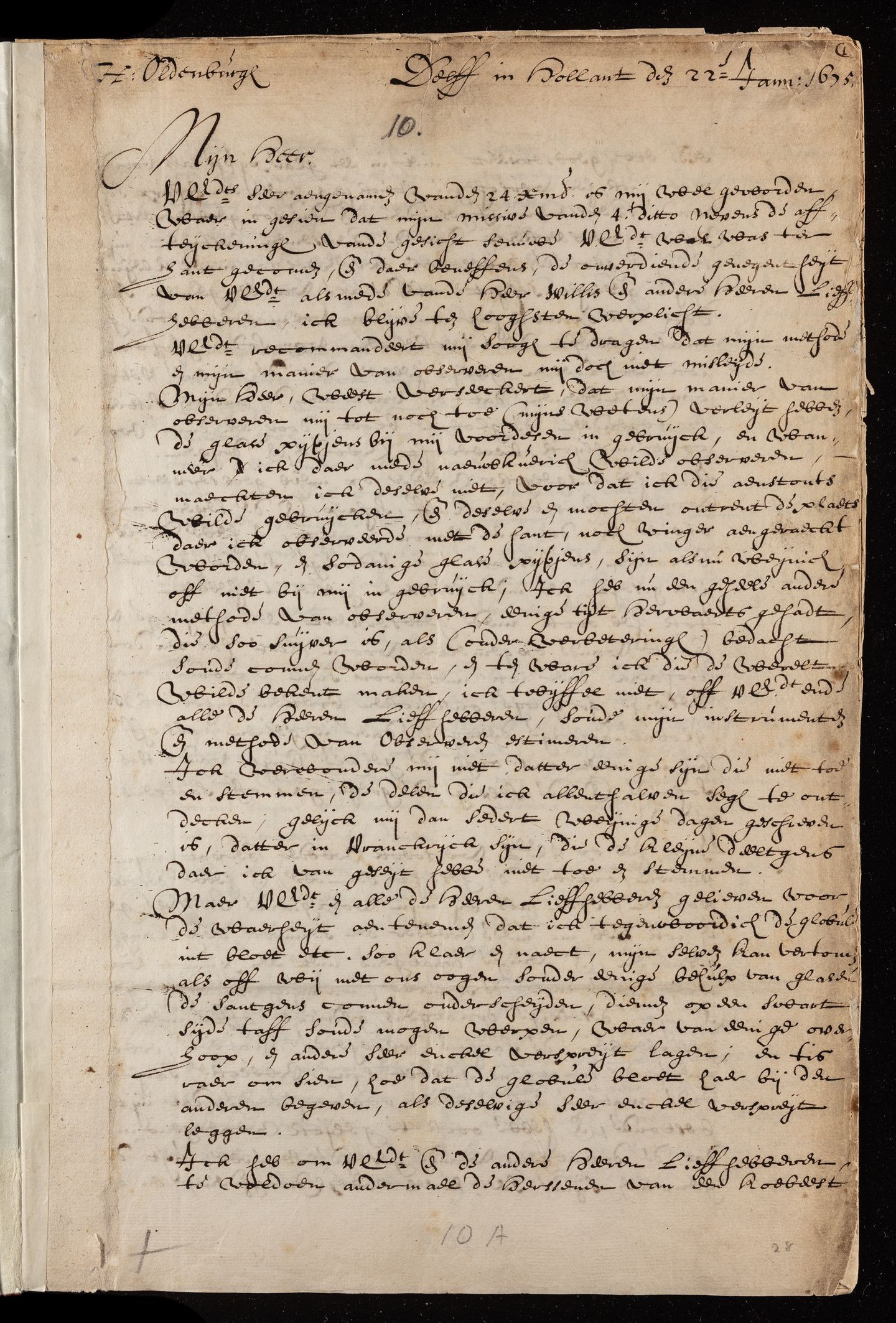 Letter, from Antoni van Leeuwenhoek to Henry Oldenburg, dated at Delft ...