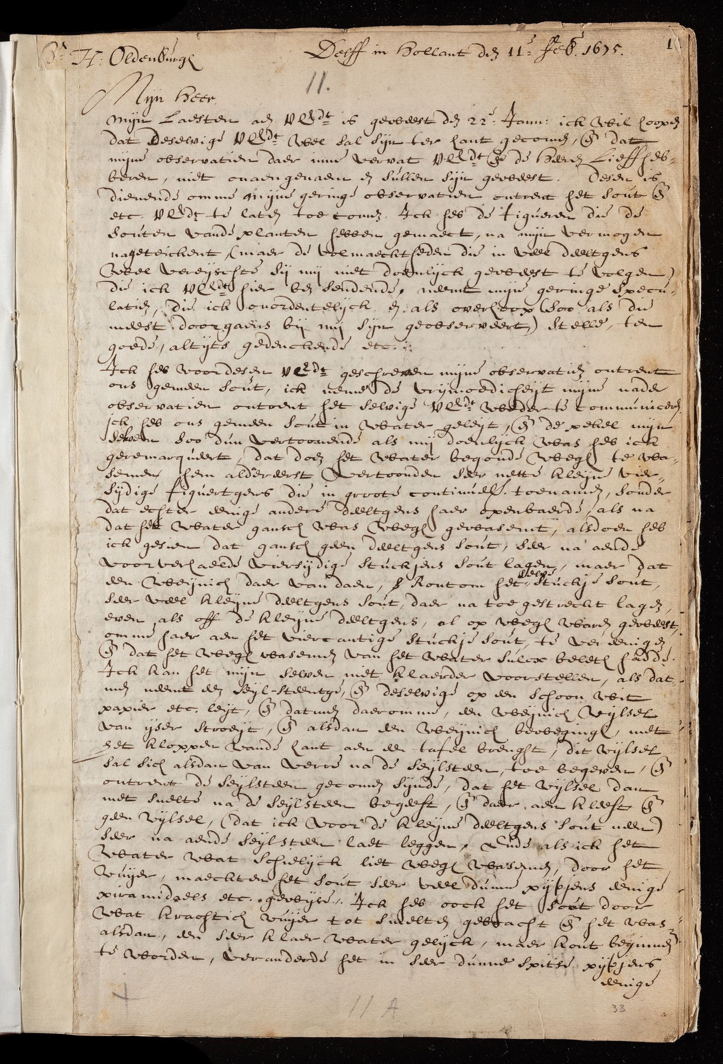 Letter, from Antoni van Leeuwenhoek to Henry Oldenburg, dated at Delft ...