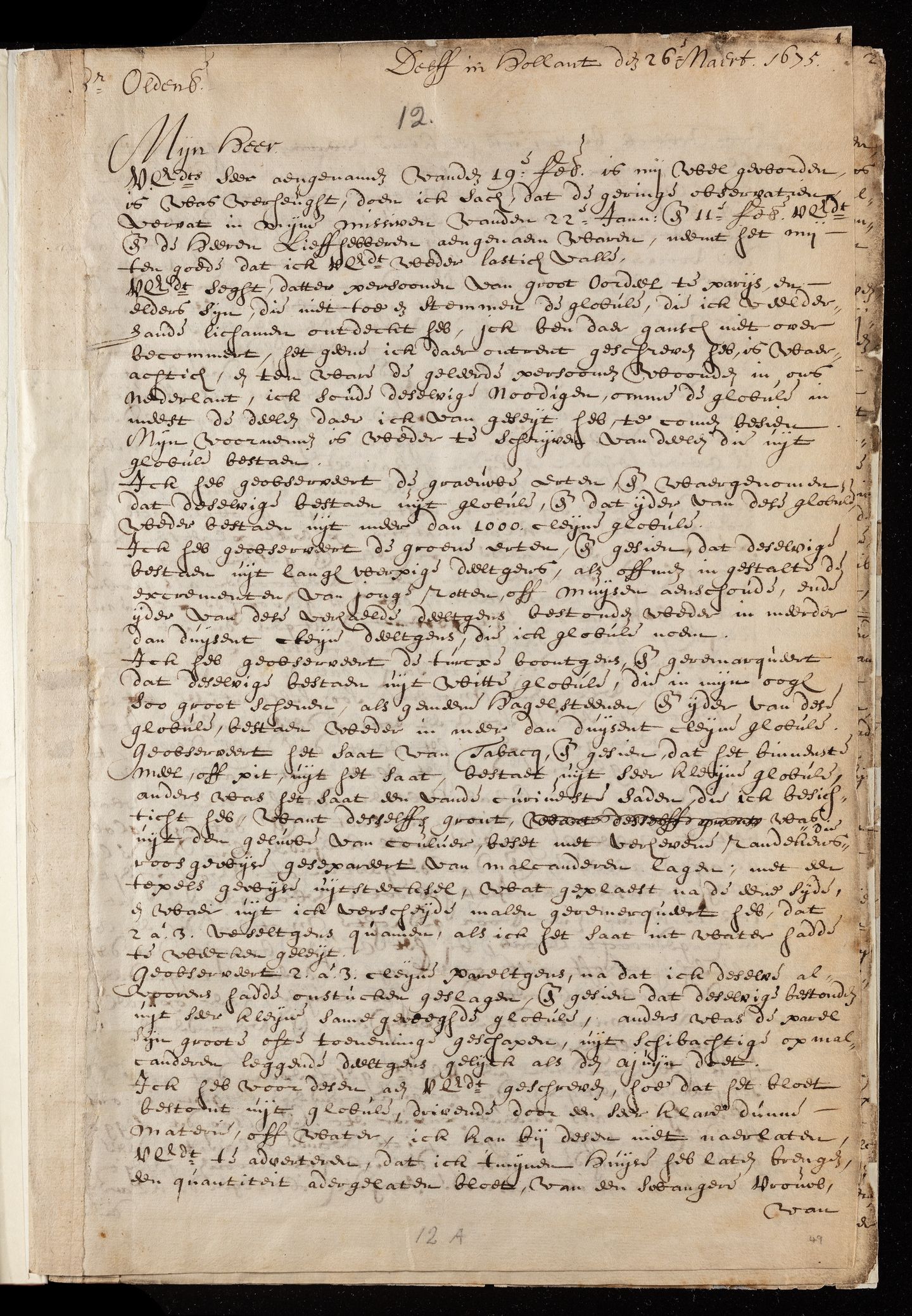 Letter, from Antoni van Leeuwenhoek to Henry Oldenburg, dated at Delft ...