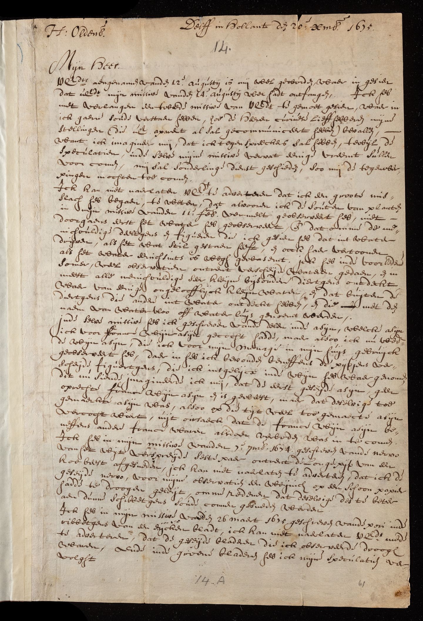 Letter, from Antoni van Leeuwenhoek to Henry Oldenburg, dated at Delft ...