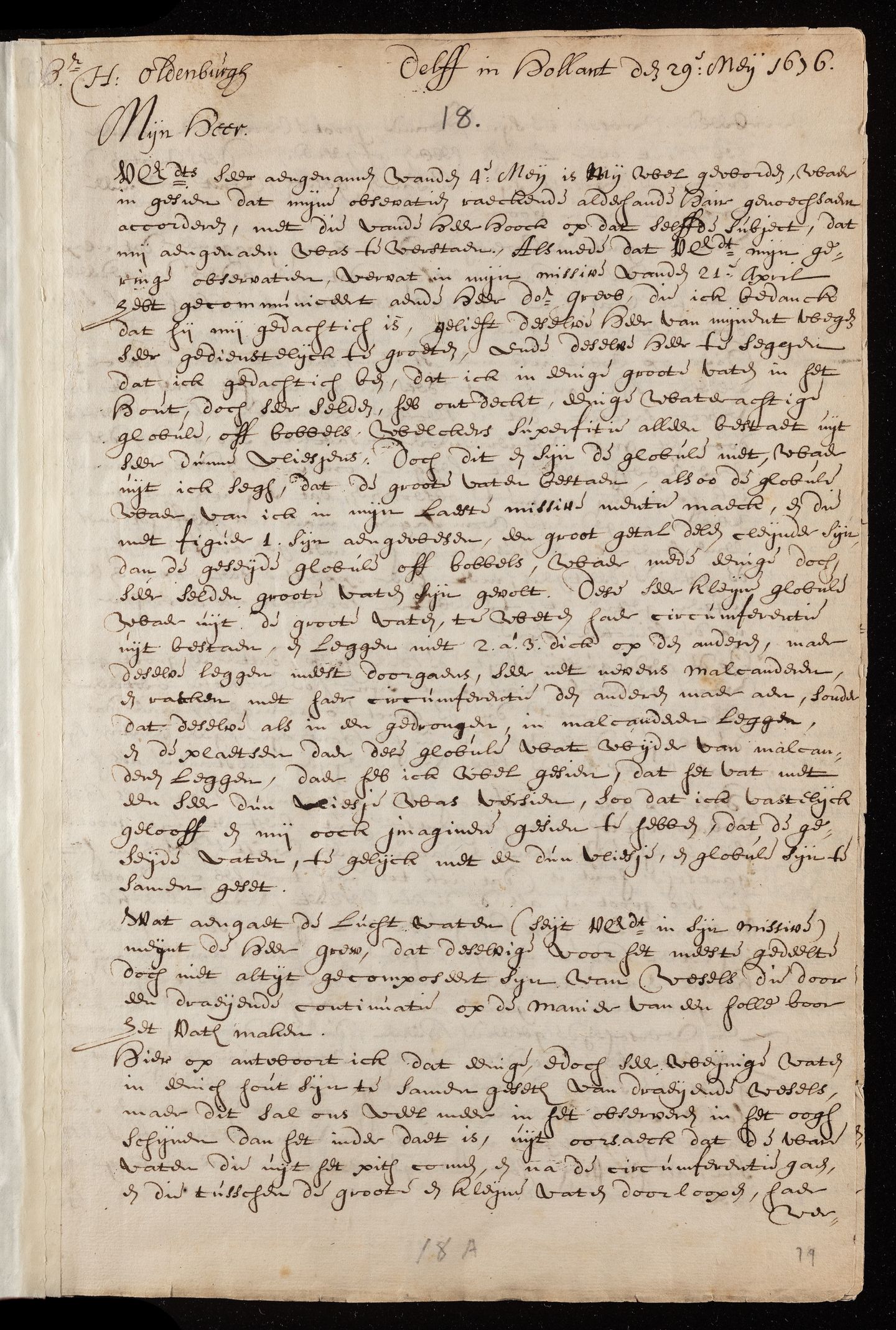 Letter, from Antoni van Leeuwenhoek to Henry Oldenburg, dated at Delft ...