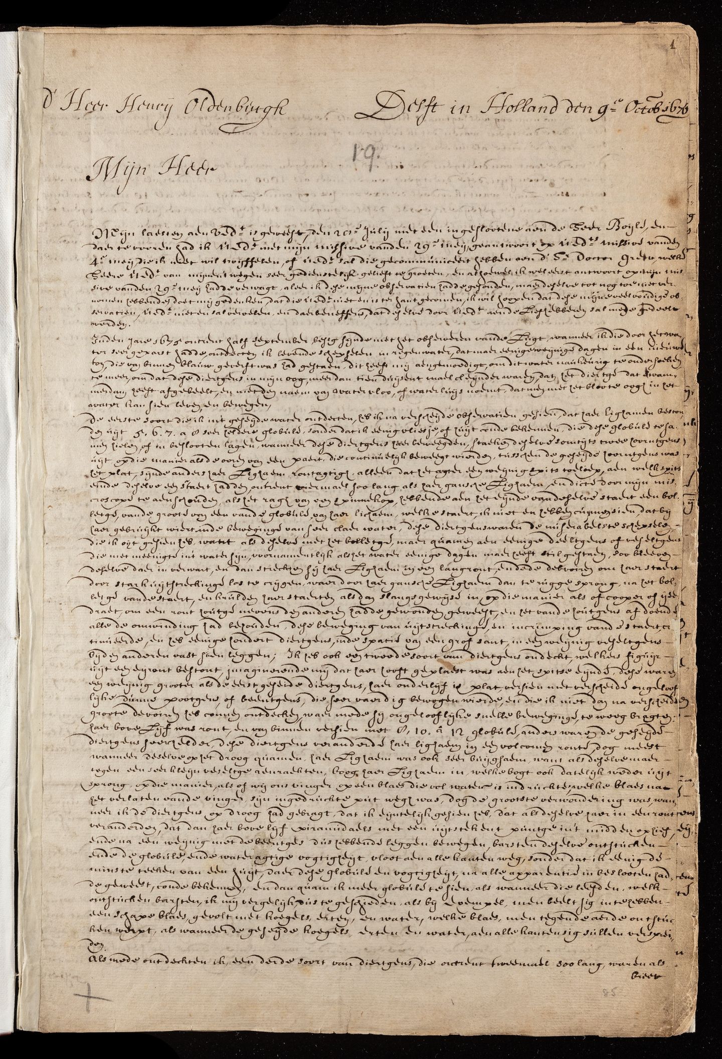 Letter, from Antoni van Leeuwenhoek to Henry Oldenburg, dated at Delft ...