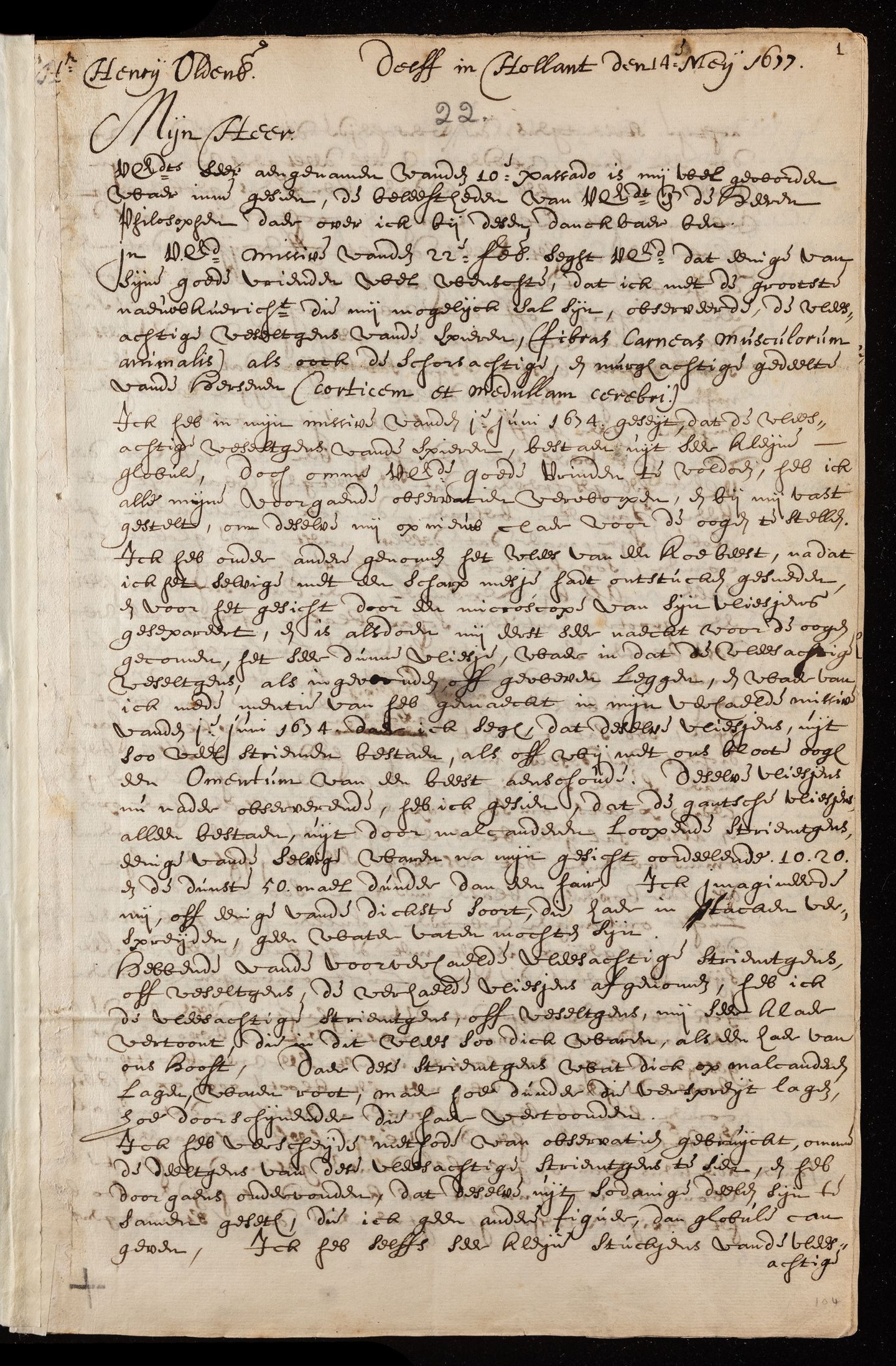 Letter, from Antoni van Leeuwenhoek to Henry Oldenburg, dated at Delft ...