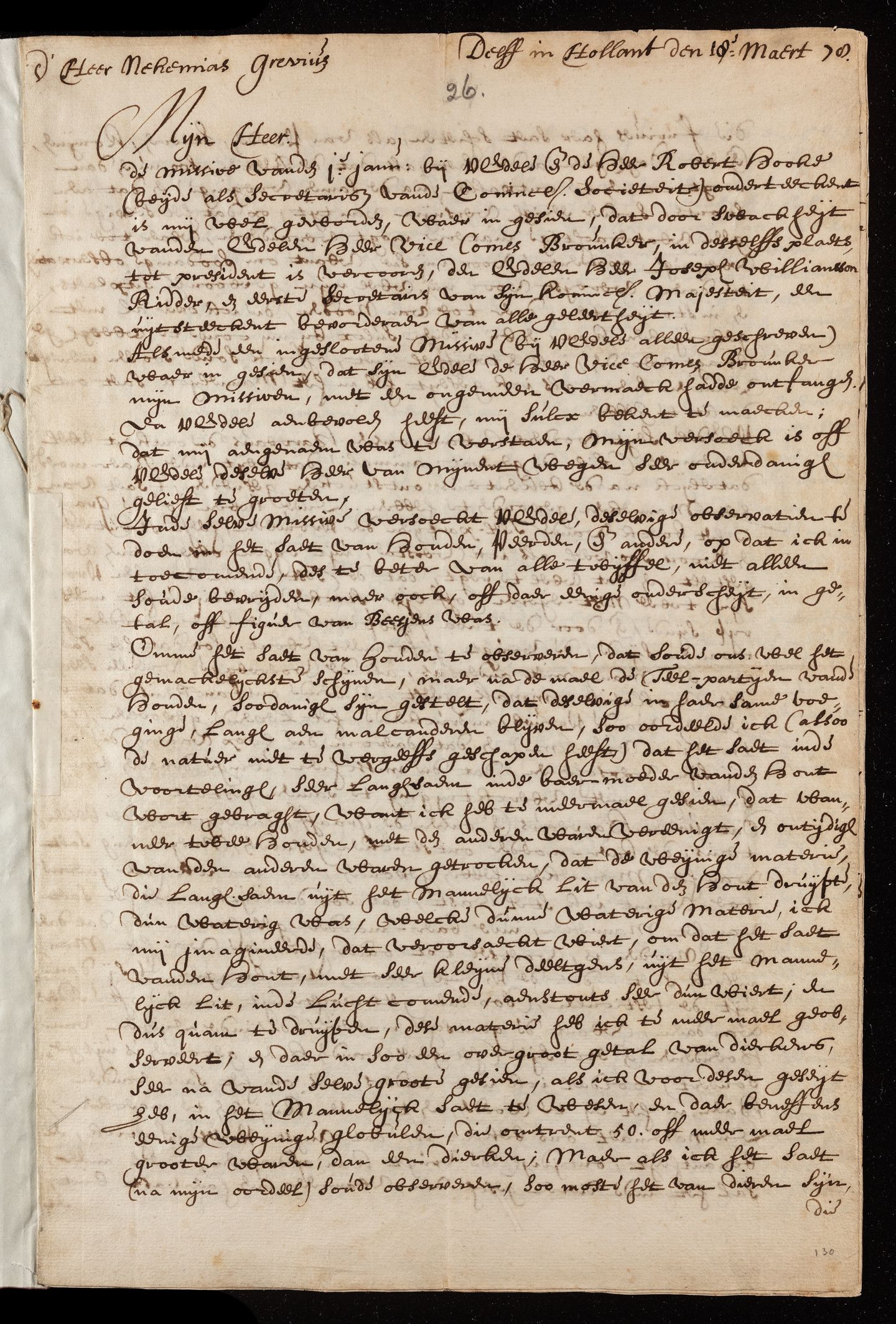 Letter, from Antoni van Leeuwenhoek to Nehemiah Grew, dated at Delft ...