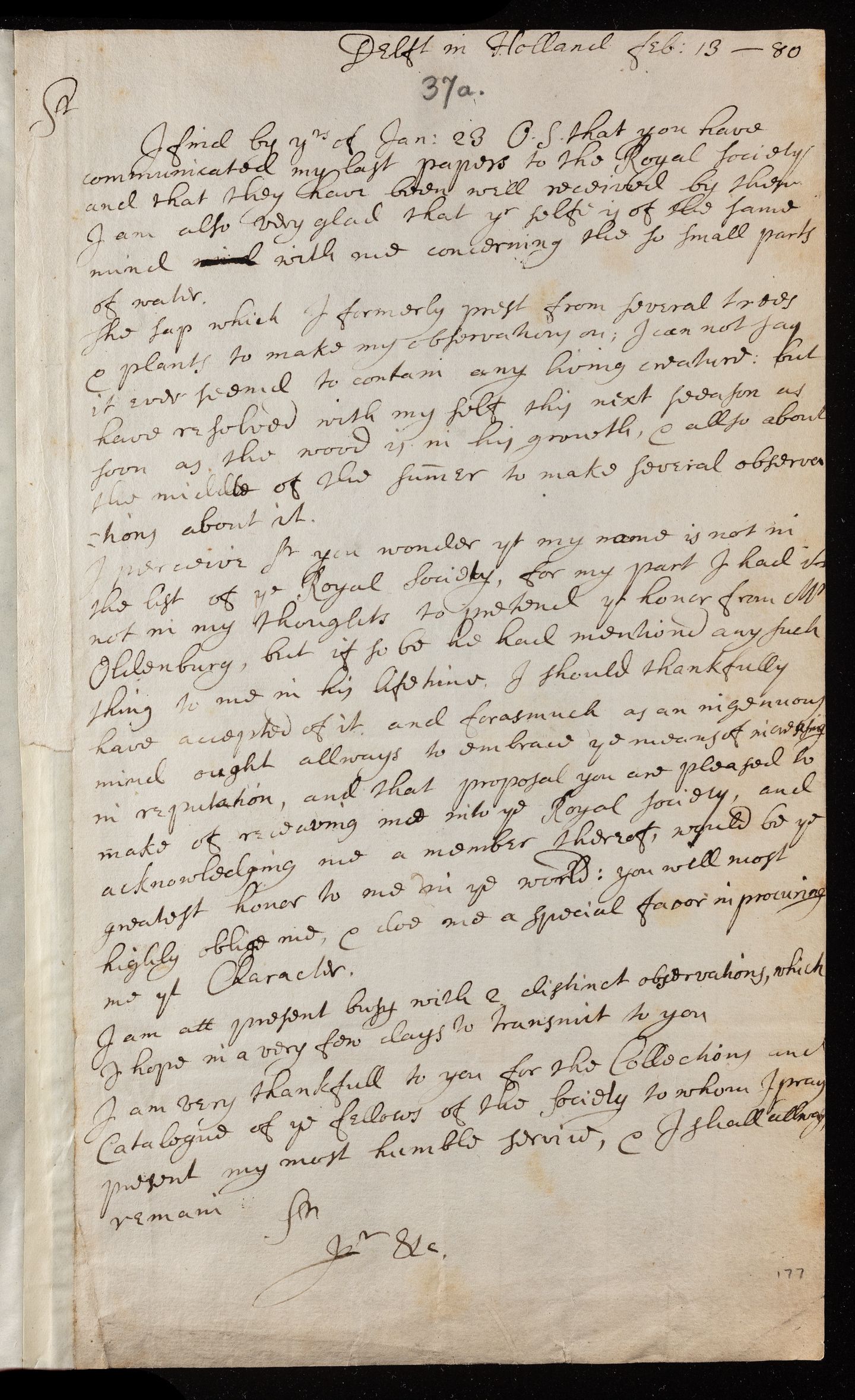 Translation of a letter, from Antoni van Leeuwenhoek to Robert Hooke ...