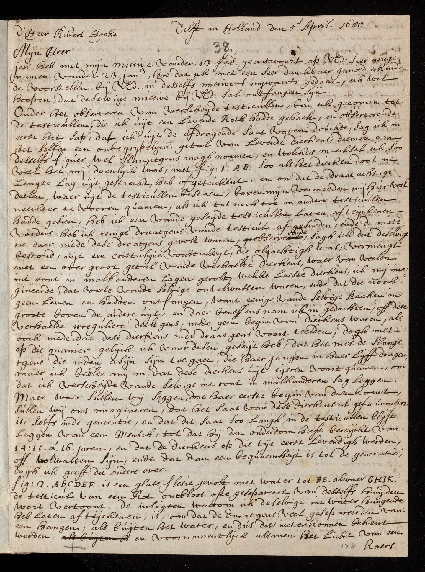 Letter, from Antoni van Leeuwenhoek to Robert Hooke, dated at Delft ...