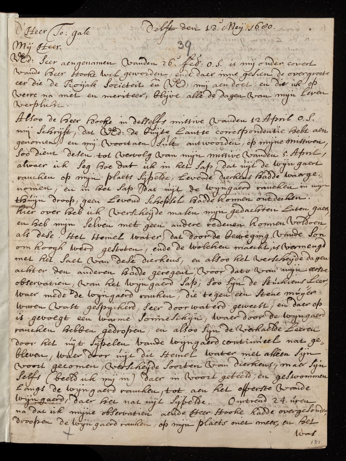 Letter, from Antoni van Leeuwenhoek to Thomas Gale, dated at Delft ...