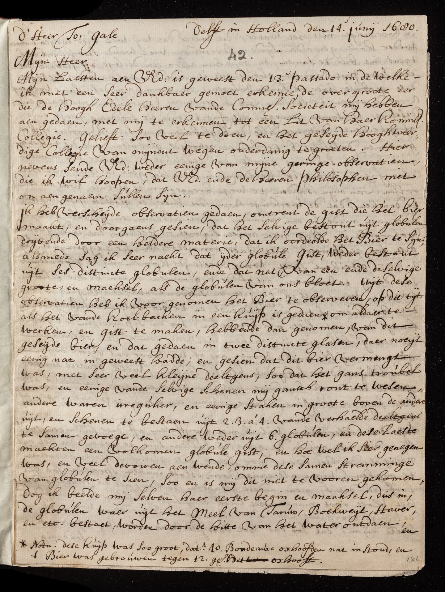 Letter, from Antoni van Leeuwenhoek to Thomas Gale, dated at Delft ...