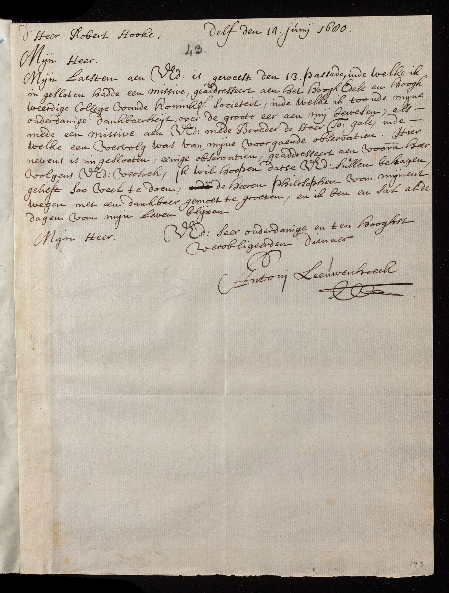 Letter, from Antoni van Leeuwenhoek to Robert Hooke, dated at Delft ...