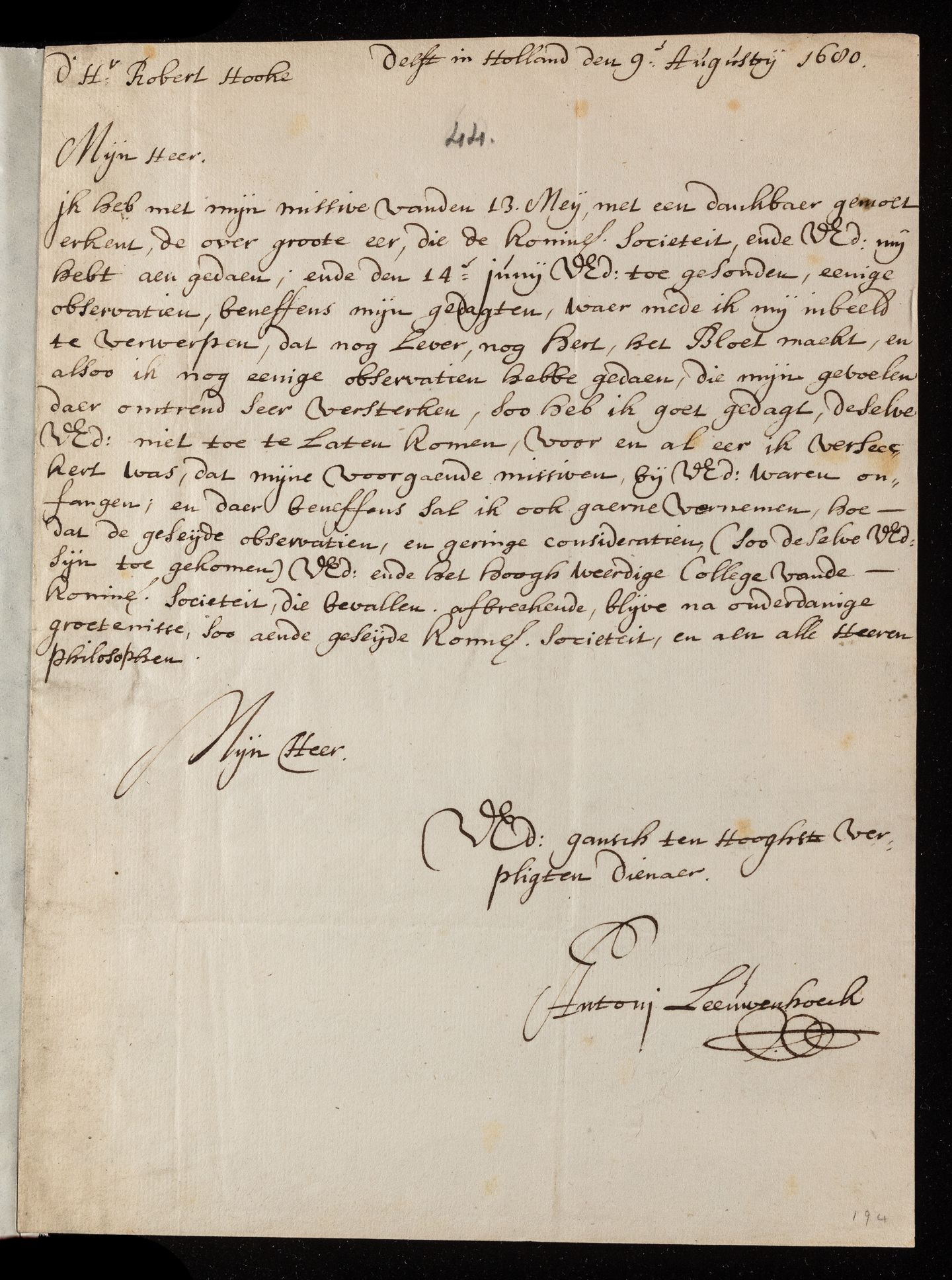 Letter, from Antoni van Leeuwenhoek to Robert Hooke, dated at Delft ...