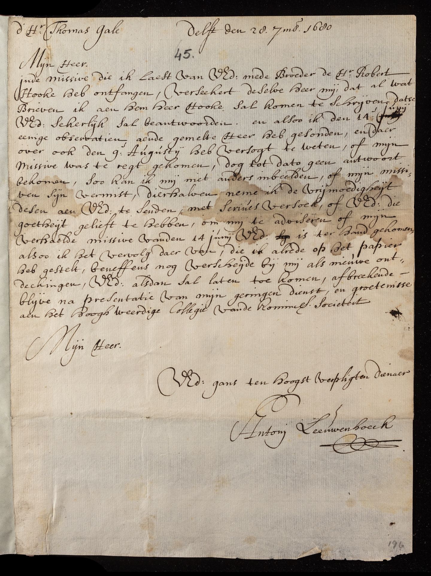 Letter, from Antoni van Leeuwenhoek to Thomas Gale, dated at Delft ...