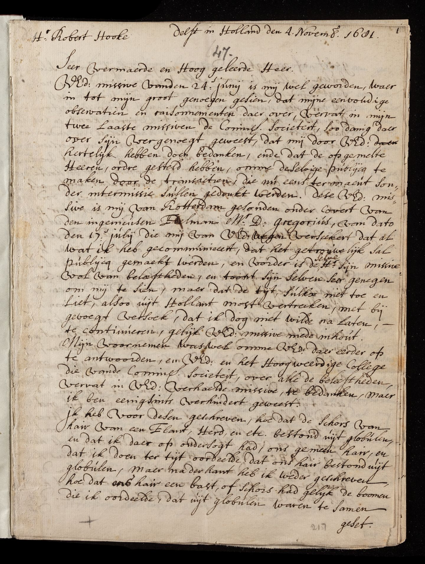 Letter, from Antoni van Leeuwenhoek to Robert Hooke, dated at Delft ...
