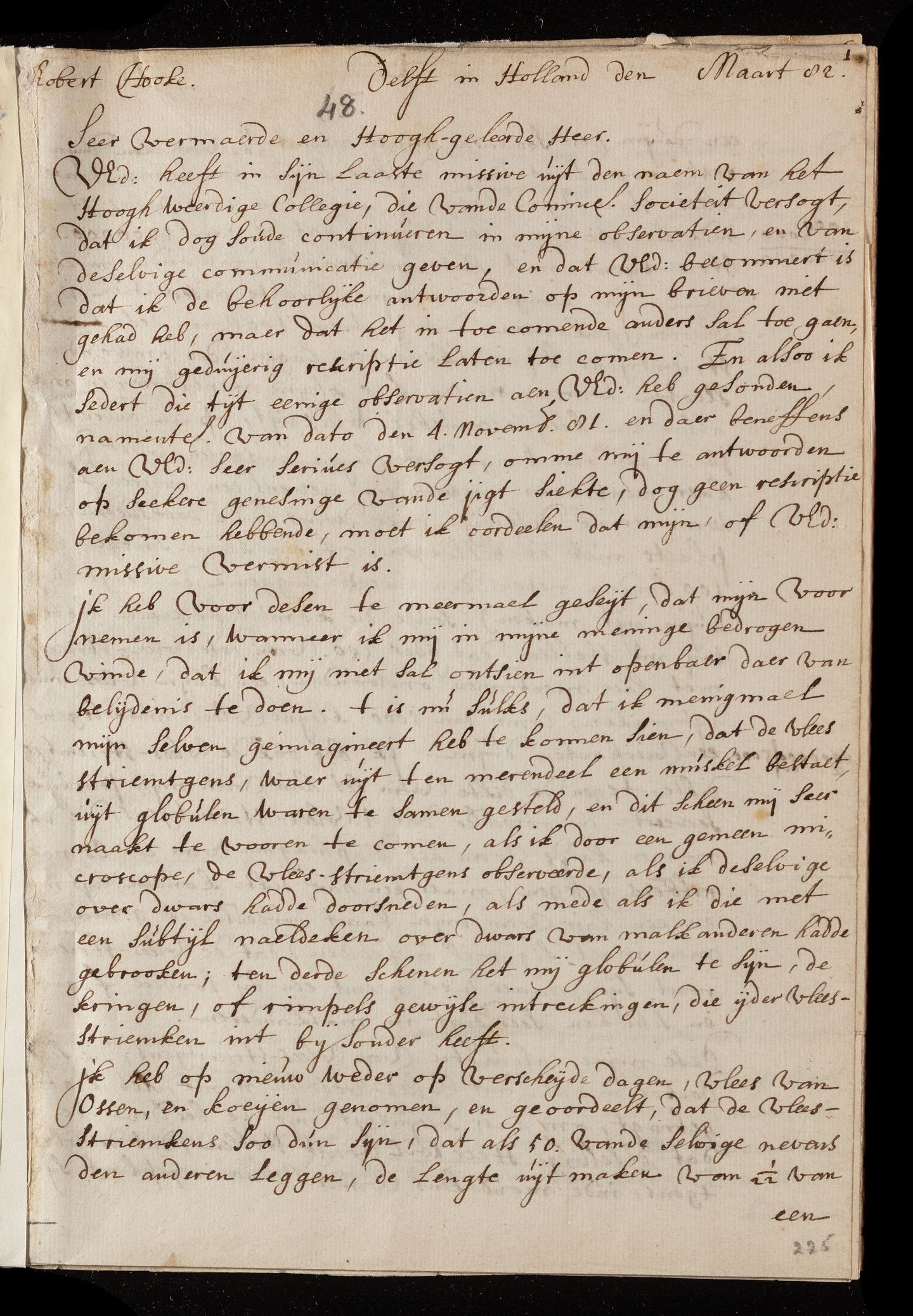 Letter, from Antoni van Leeuwenhoek to Robert Hooke, dated at Delft ...