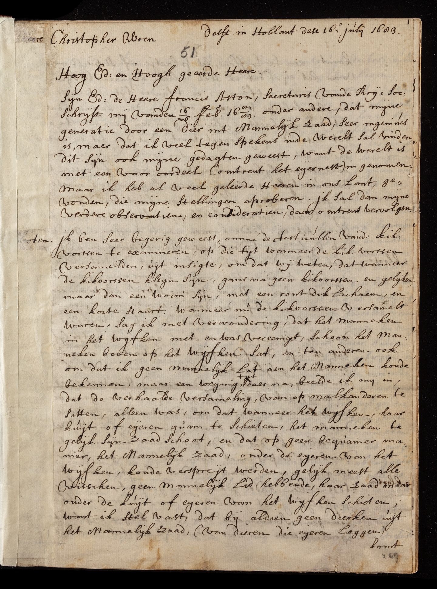 Letter, from Antoni van Leeuwenhoek to Christopher Wren, dated at Delft ...