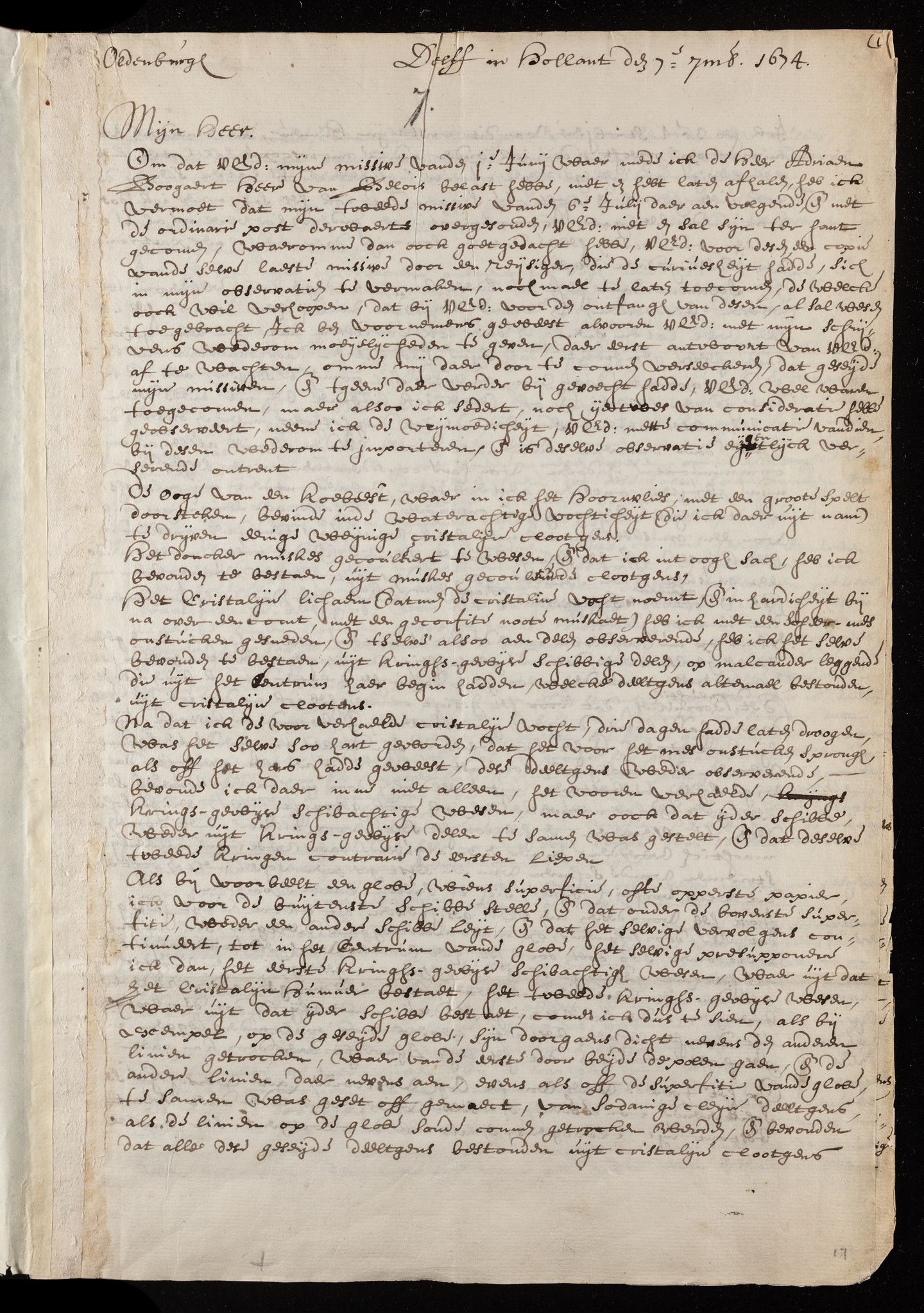 Letter, from Antoni van Leeuwenhoek to Henry Oldenburg, dated at Delft ...