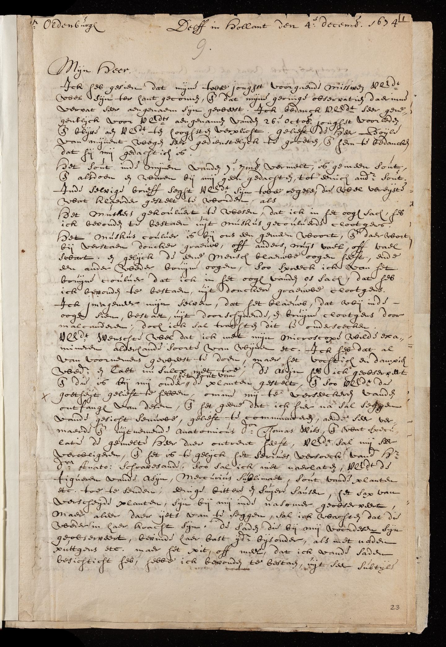 Letter, from Antoni van Leeuwenhoek to Henry Oldenburg, dated at Delft ...