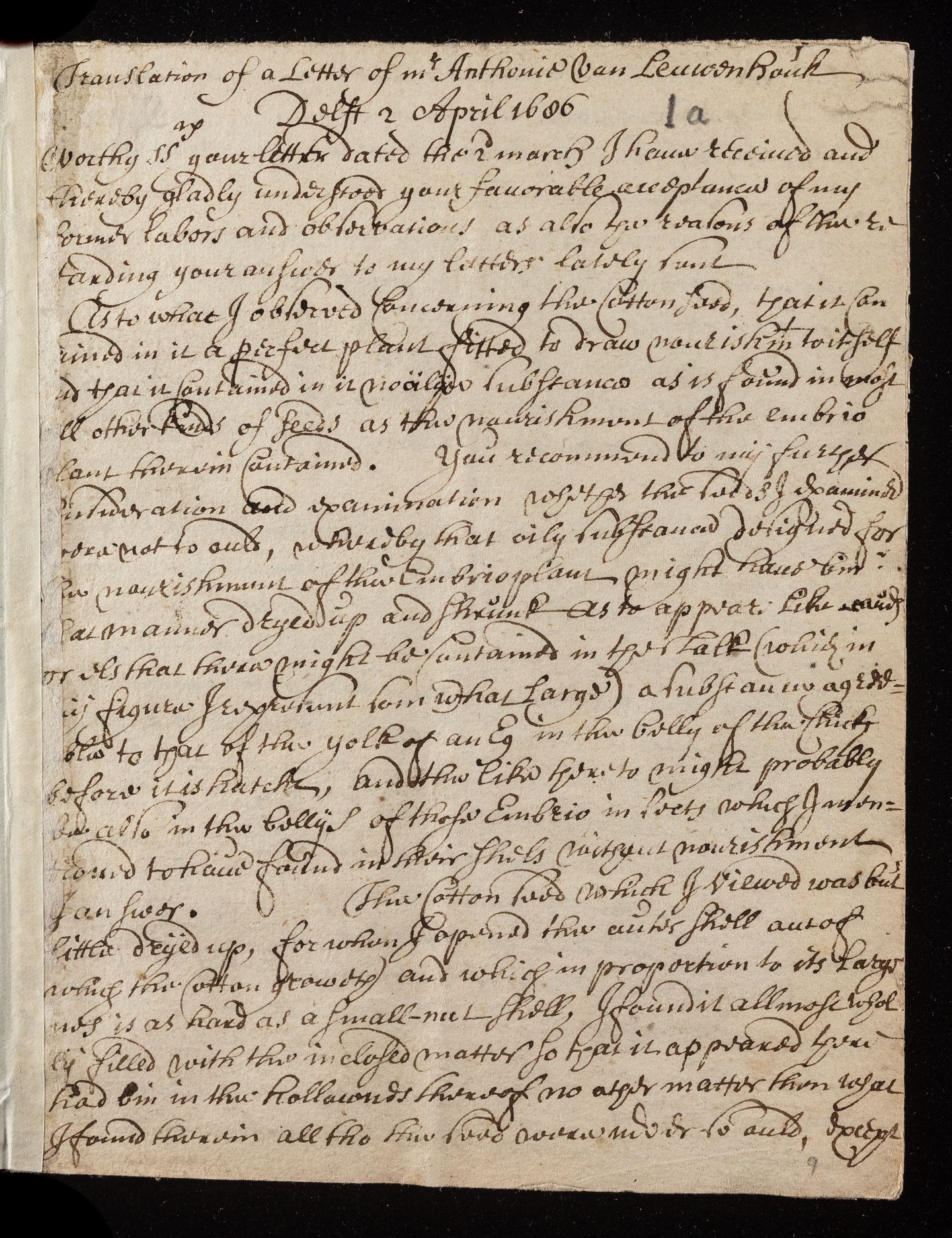 Translation of a letter, from Antoni van Leeuwenhoek to the Royal ...