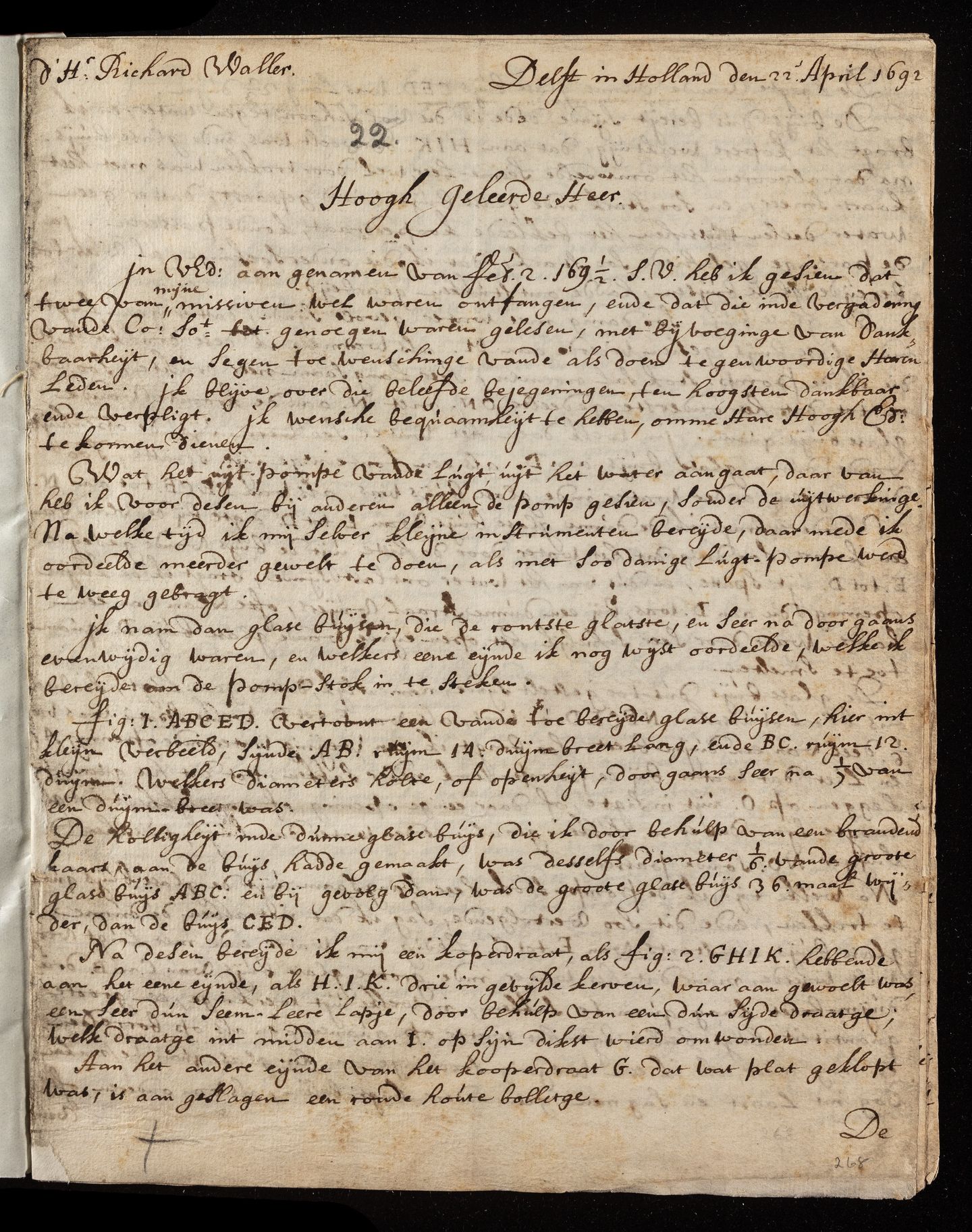 Letter, from Antoni van Leeuwenhoek to Richard Waller, dated at Delft ...