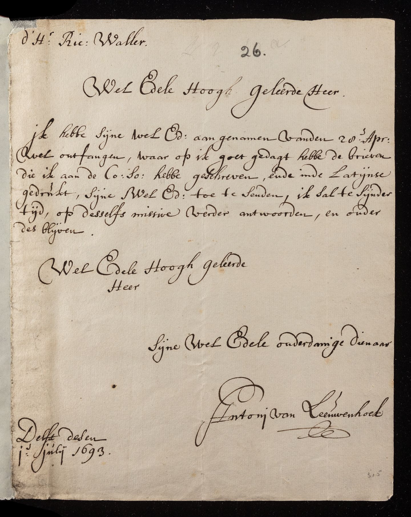Letter, from Antoni van Leeuwenhoek to Richard Waller, dated at Delft ...