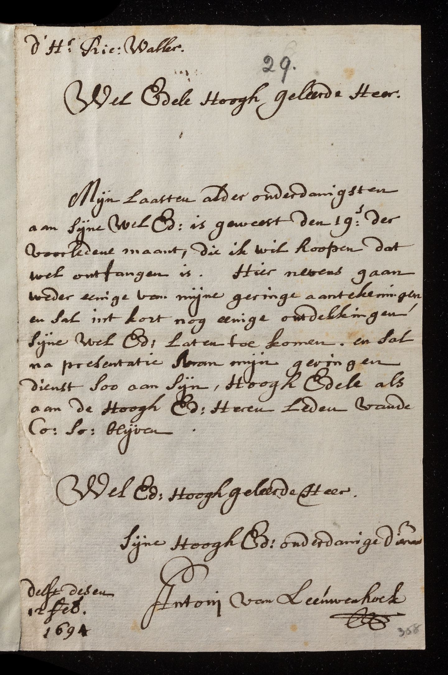 Letter, from Antoni van Leeuwenhoek to Richard Waller, dated at Delft ...