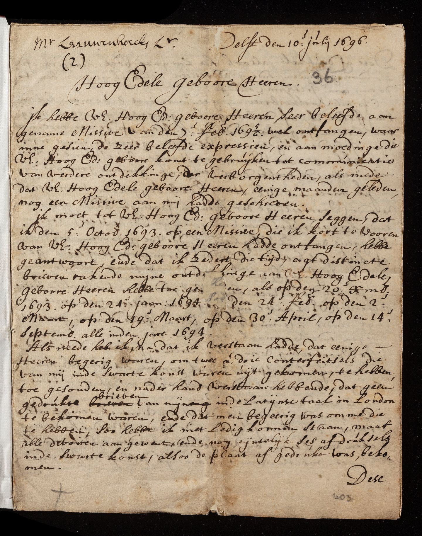 Letter, from Antoni van Leeuwenhoek to the Royal Society, dated at ...