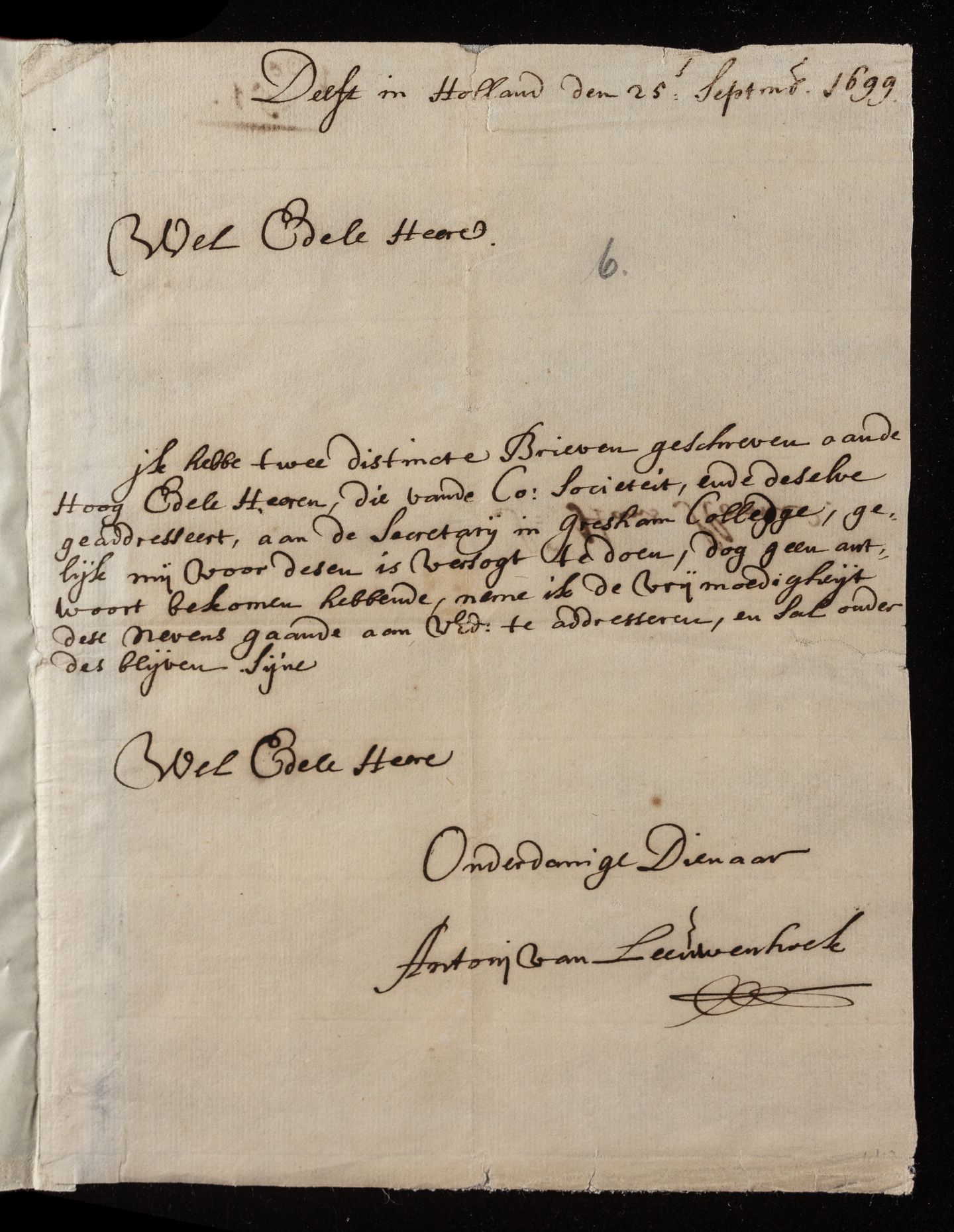 Letter, from Antoni van Leeuwenhoek to Hans Sloane, dated at Delft ...