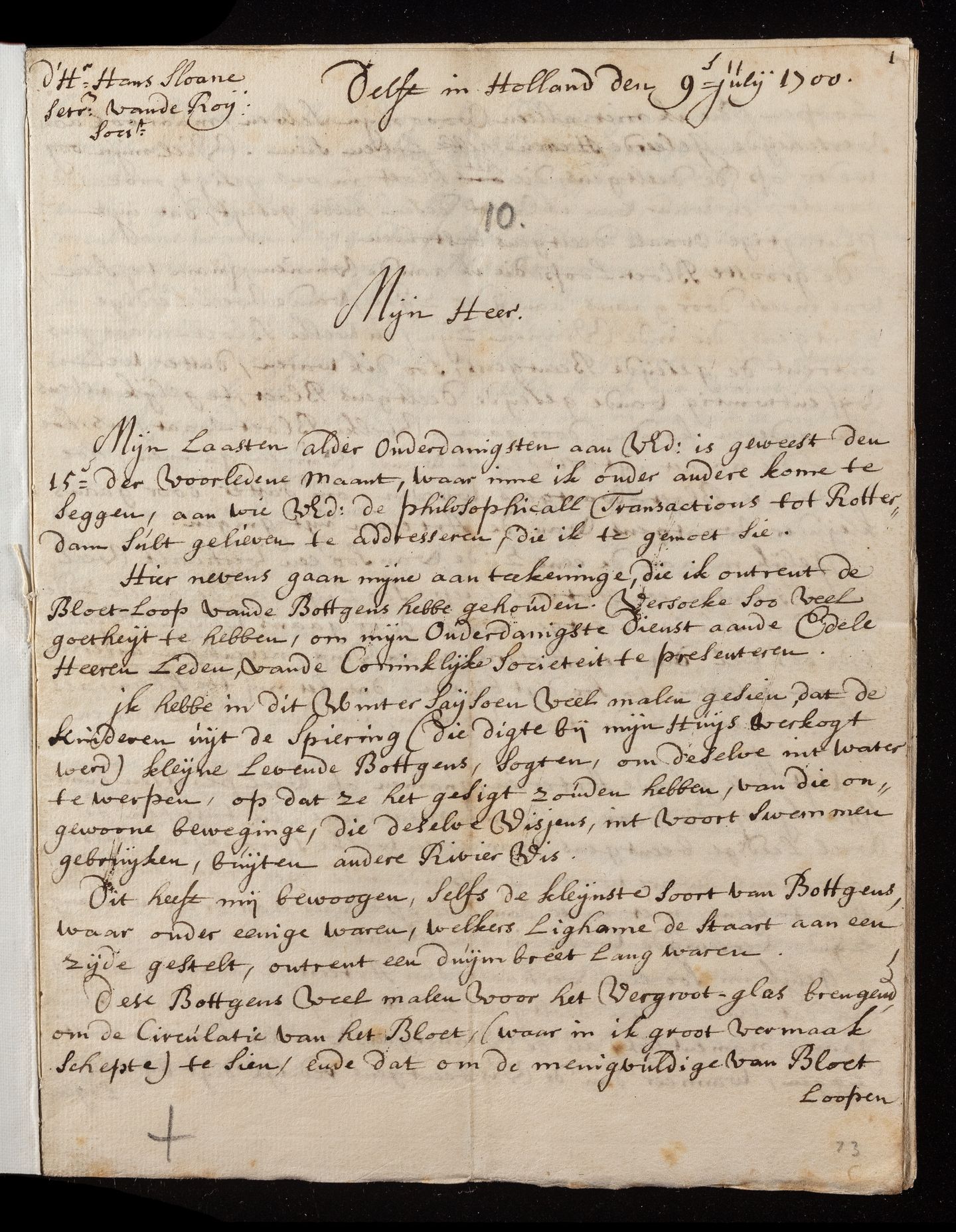 Letter, from Antoni van Leeuwenhoek to Hans Sloane, dated at Delft ...