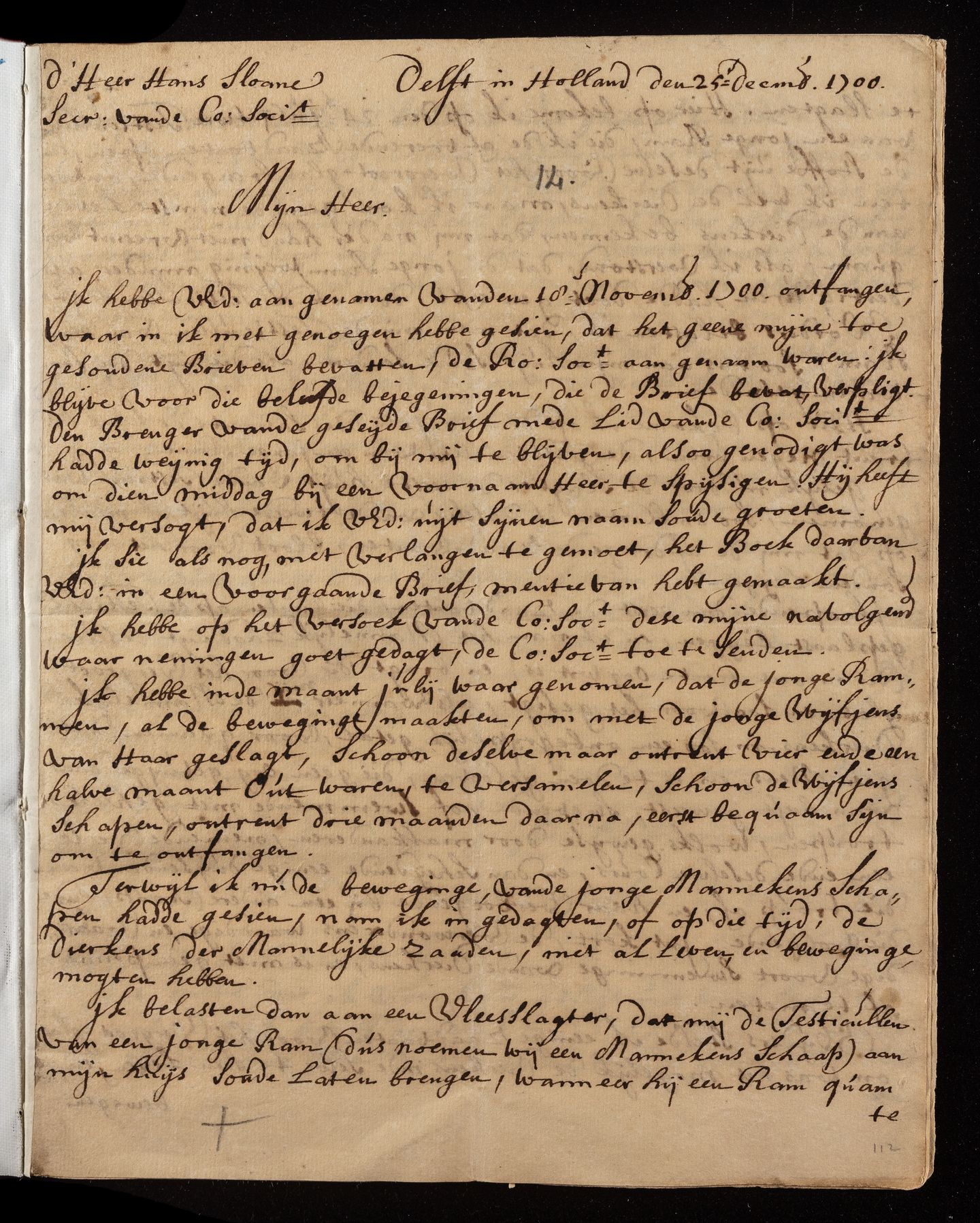 Letter, from Antoni van Leeuwenhoek to Hans Sloane, dated at Delft ...