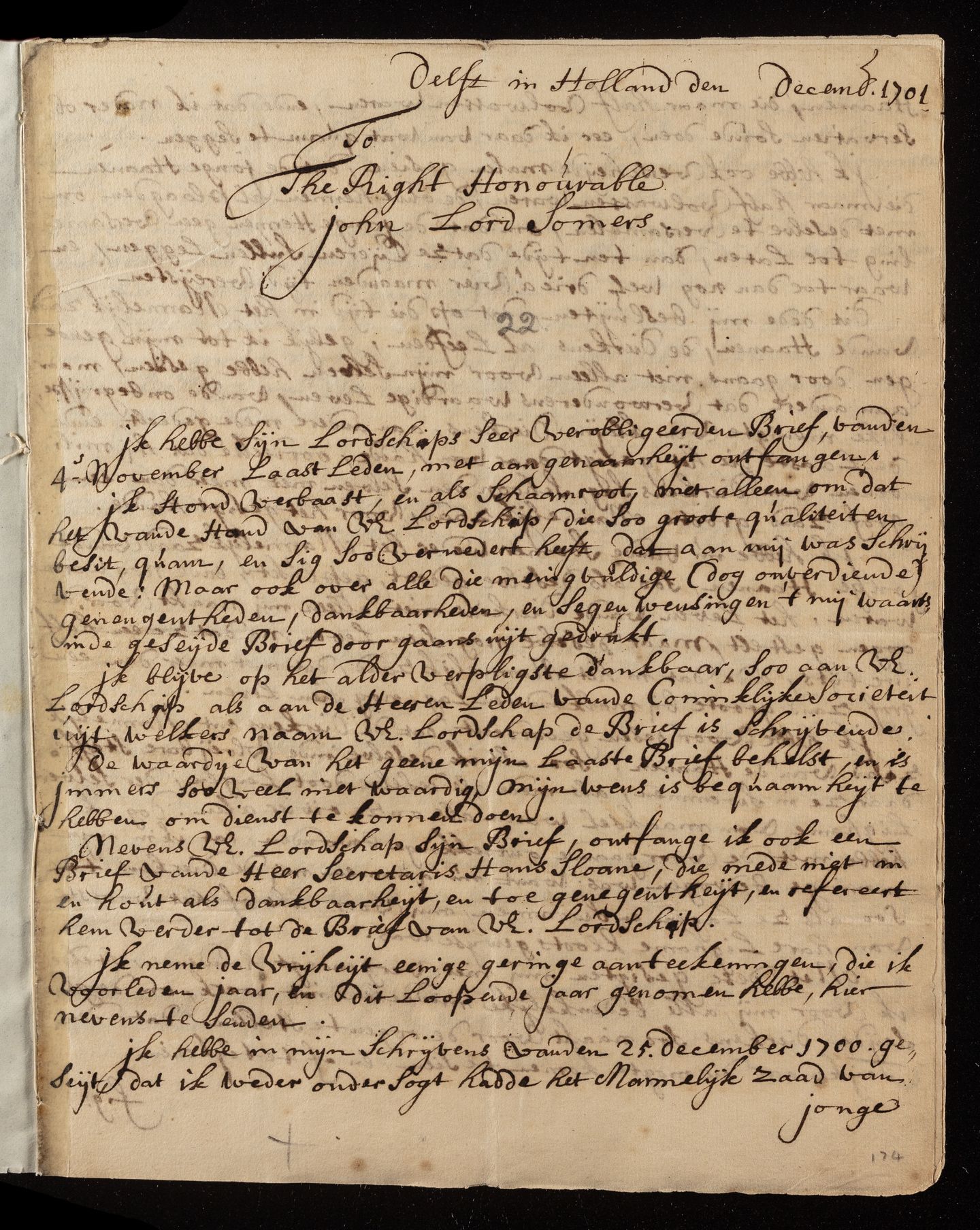 Letter, from Antoni van Leeuwenhoek to John Somers, dated at Delft ...