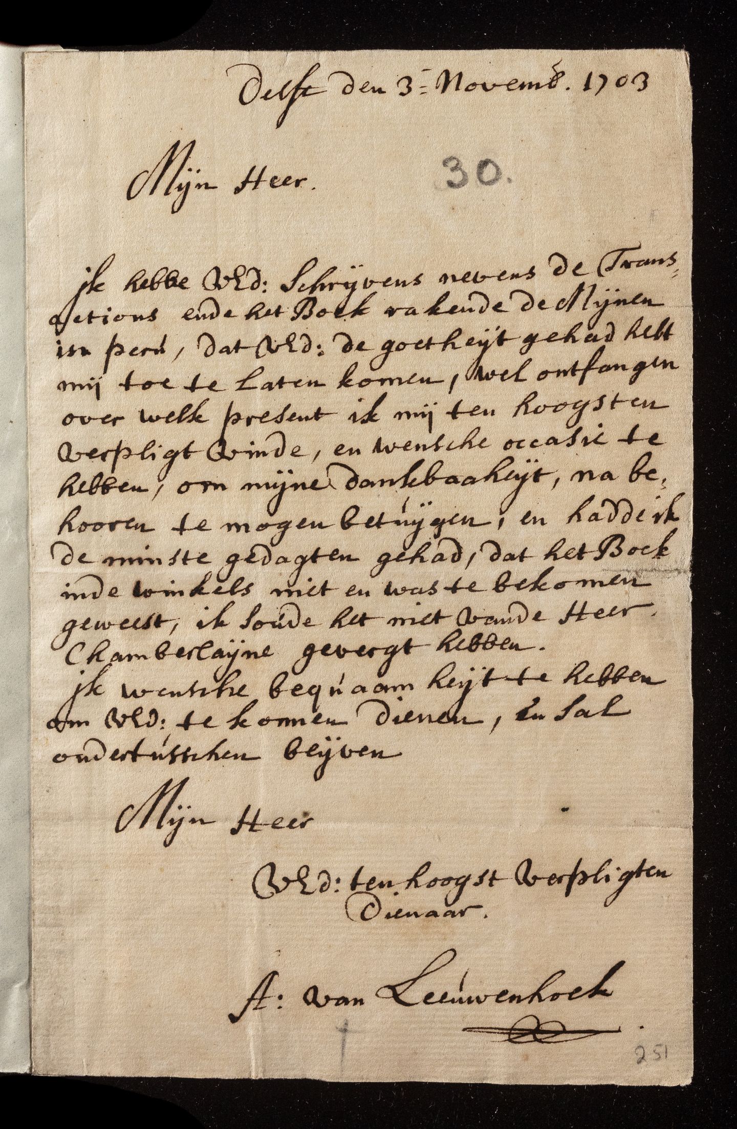 Letter, from Antoni van Leeuwenhoek to Hans Sloane, dated at Delft ...