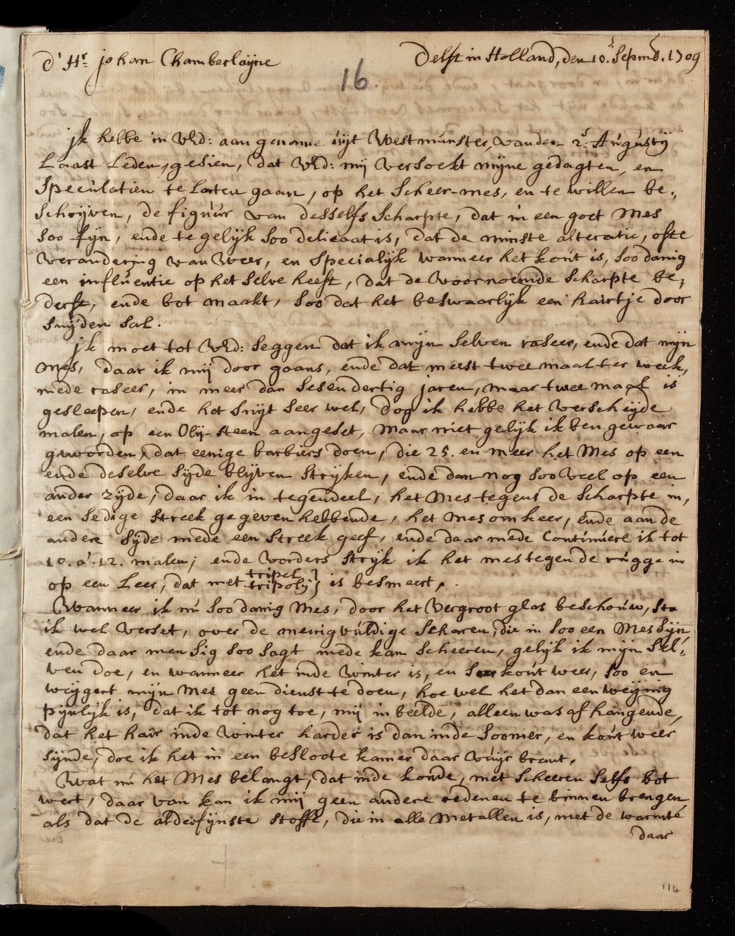 Letter, from Antoni van Leeuwenhoek to John Chamberlayne, dated at ...