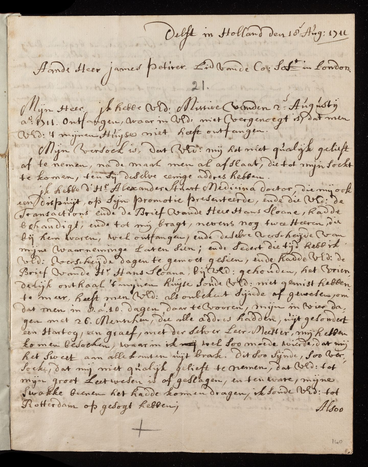 Letter, from Antoni van Leeuwenhoek to James Petiver, dated at Delft ...