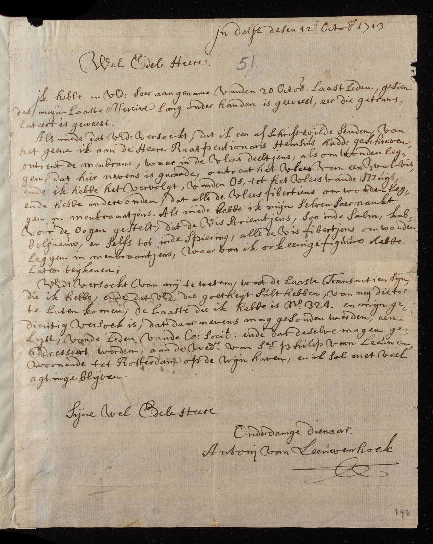 Letter, from Antoni van Leeuwenhoek to Hans Sloane, dated at Delft ...