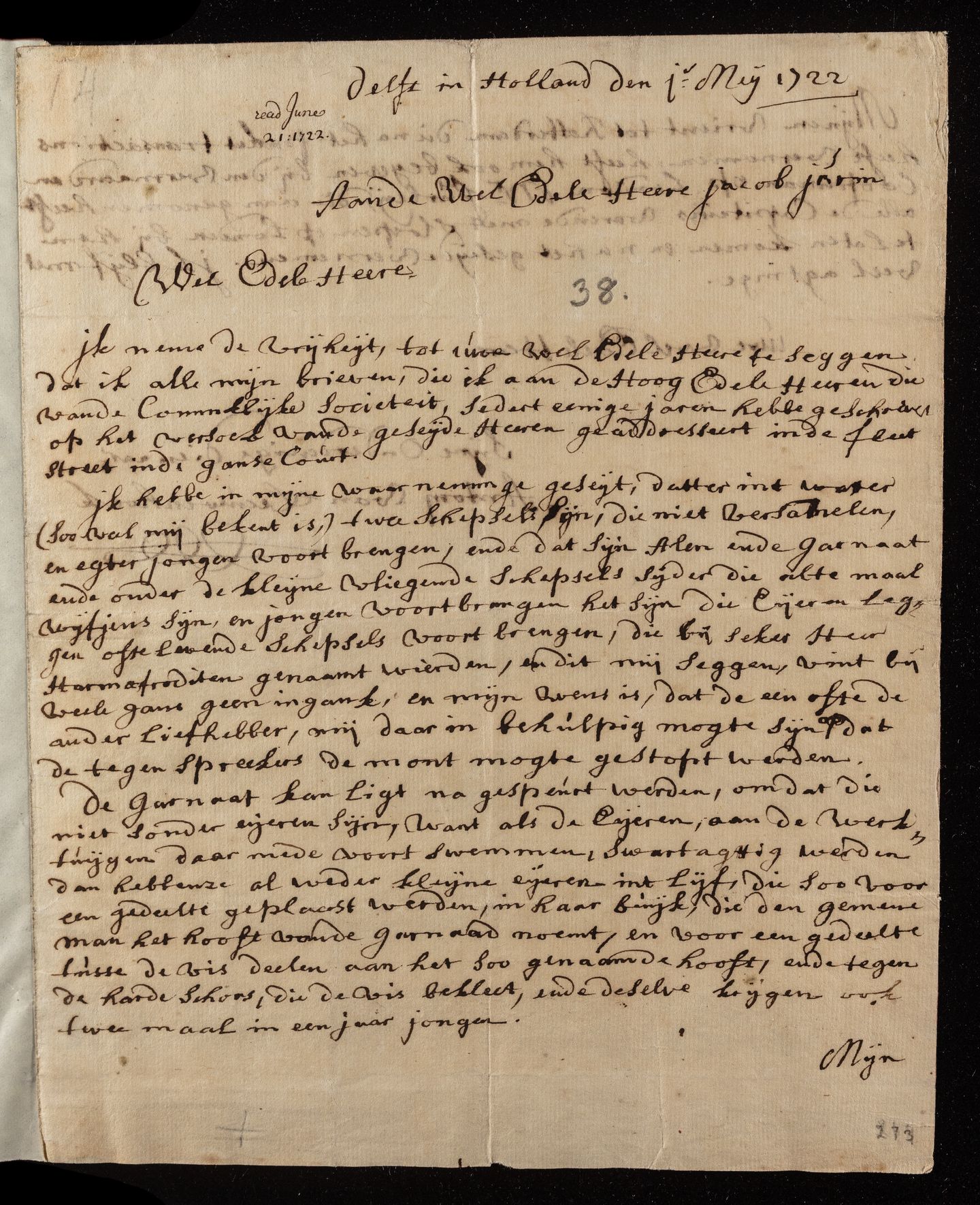 Letter, from Antoni van Leeuwenhoek to James Jurin, dated at Delft ...