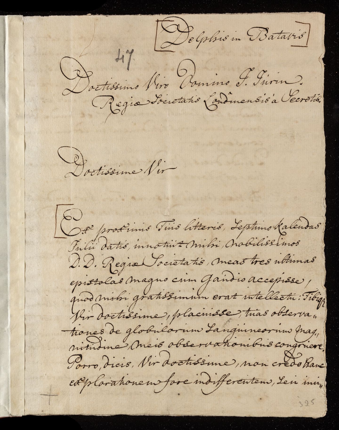 Letter, from Antoni van Leeuwenhoek to James Jurin, dated at Delft ...