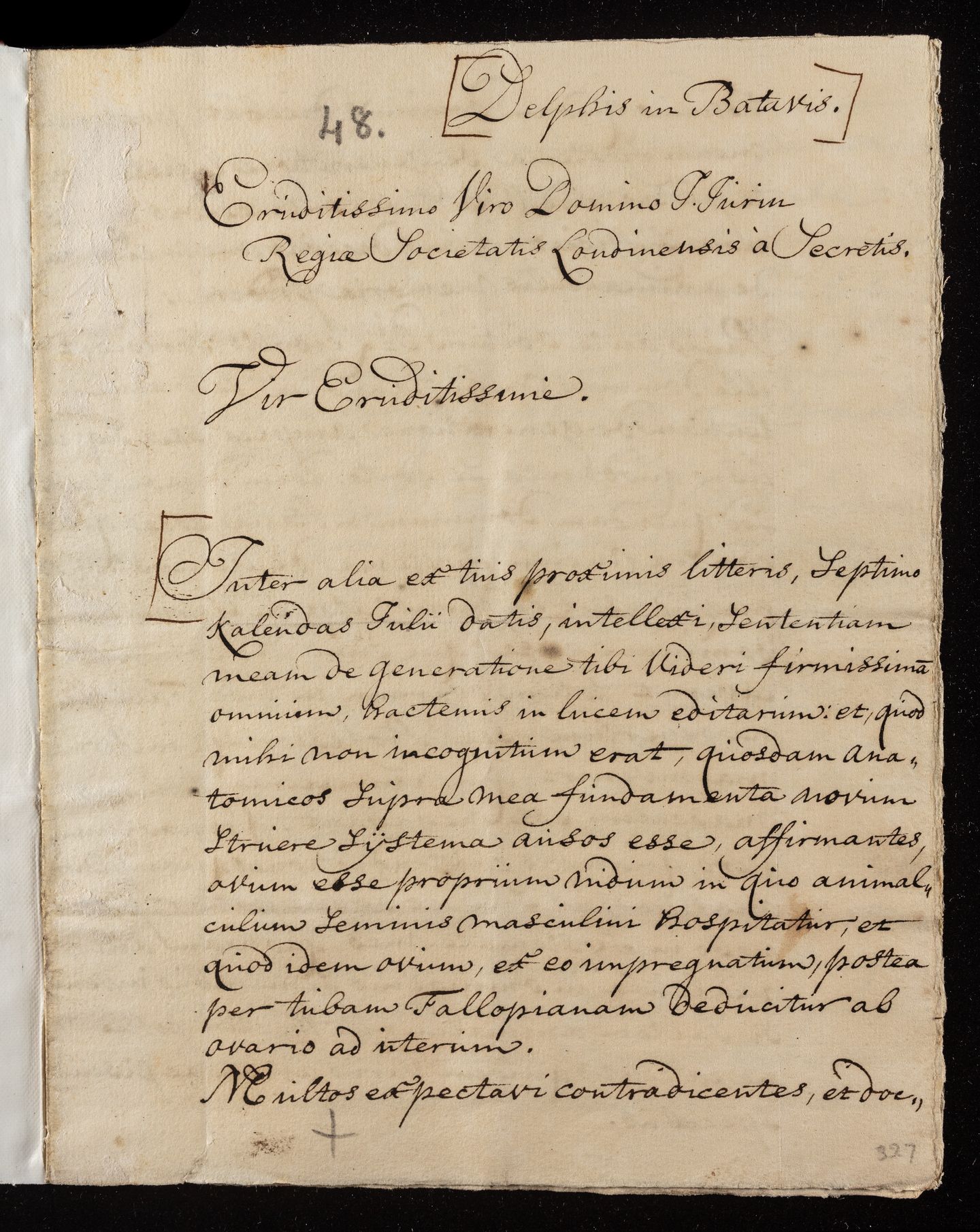 Letter, from Antoni van Leeuwenhoek to James Jurin, dated at Delft ...