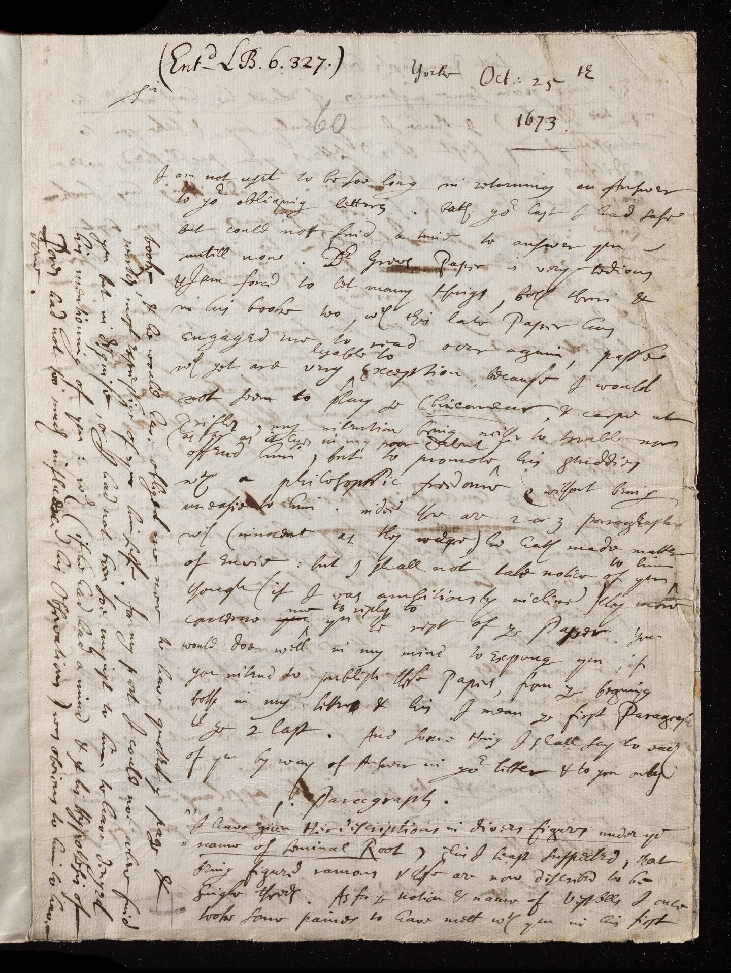 Letter, from Martin Lister to Henry Oldenburg, dated at York | The ...