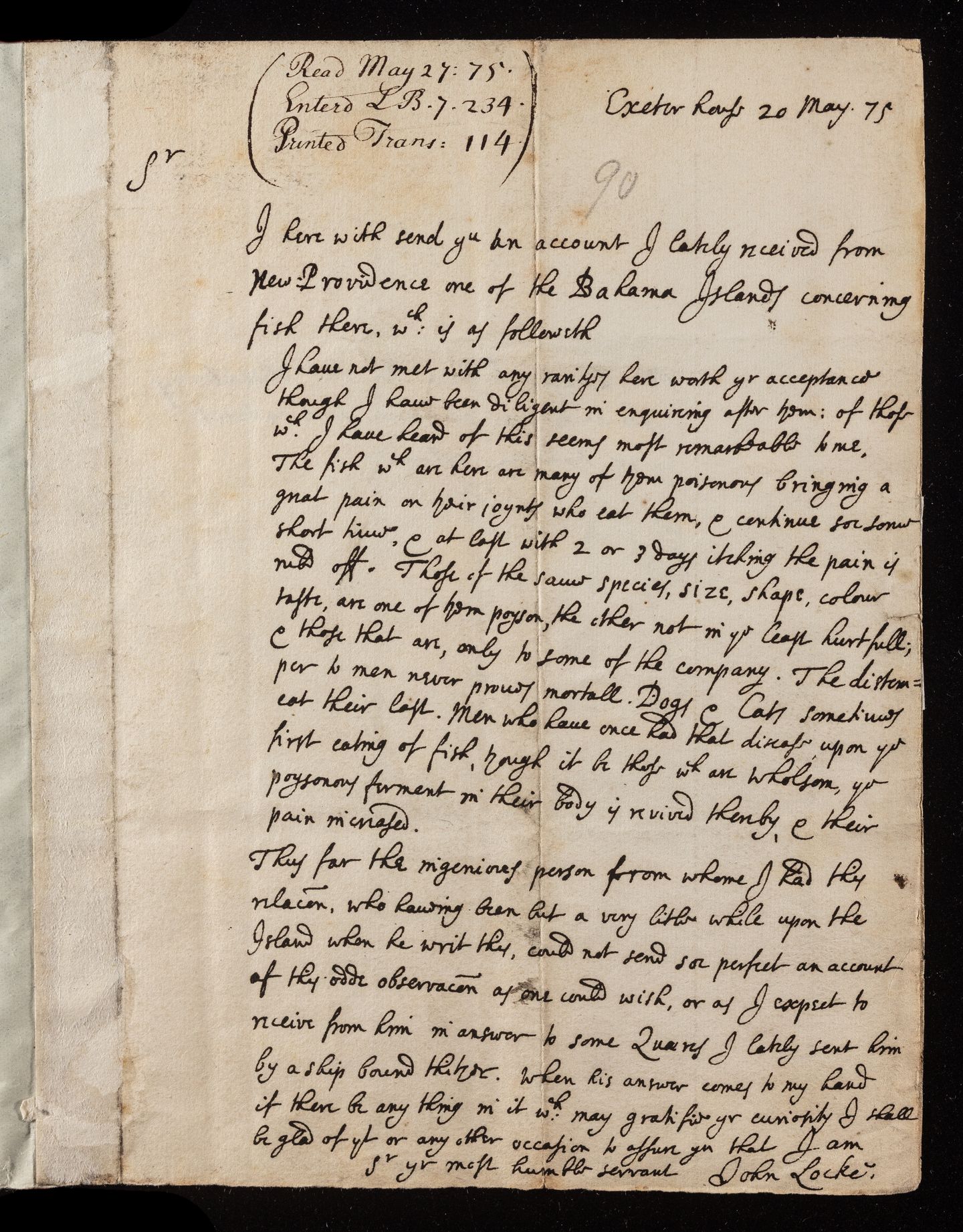 Letter, from John Locke to Henry Oldenburg, dated at Exeter house | The ...