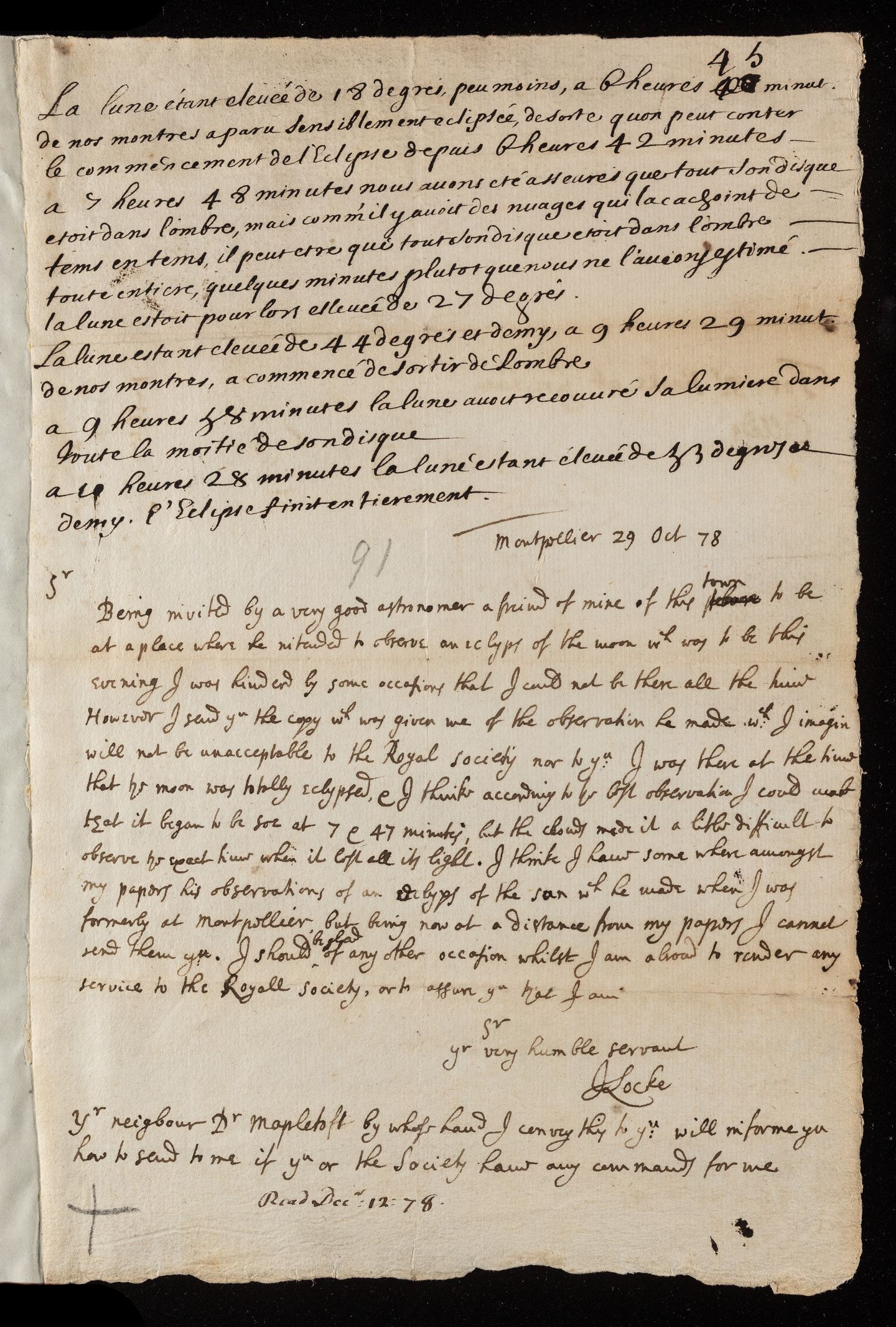 Letter, from John Locke to Robert Hooke, dated at Montpellier | The ...