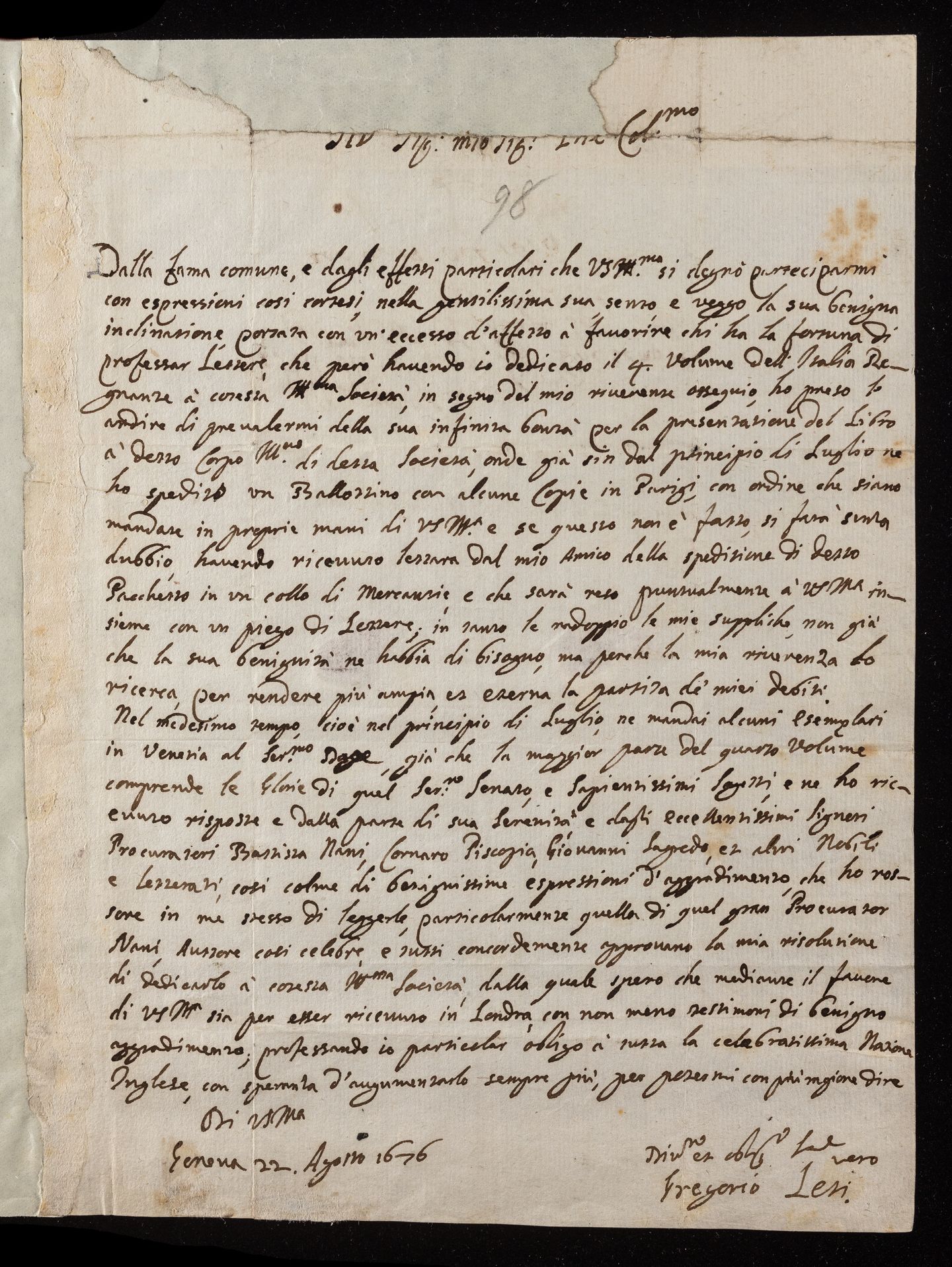 Letter, from Gregorio Leti to Henry Oldenburg, dated at Geneva | The ...