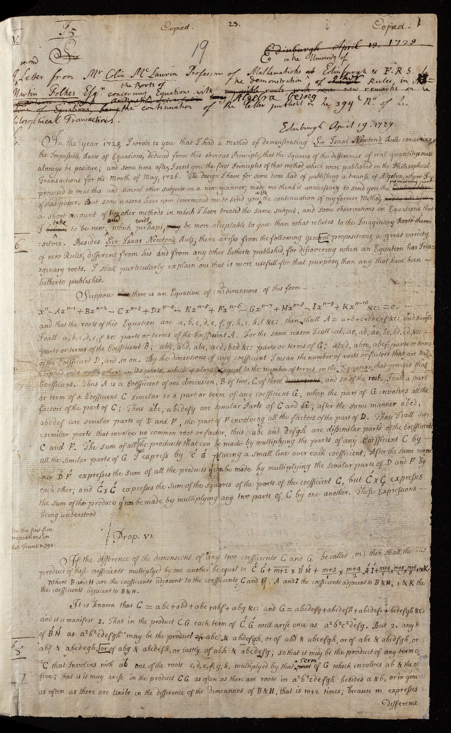 Letter, from Colin McLaurin to Martin Folkes, dated at Edinburgh | The ...